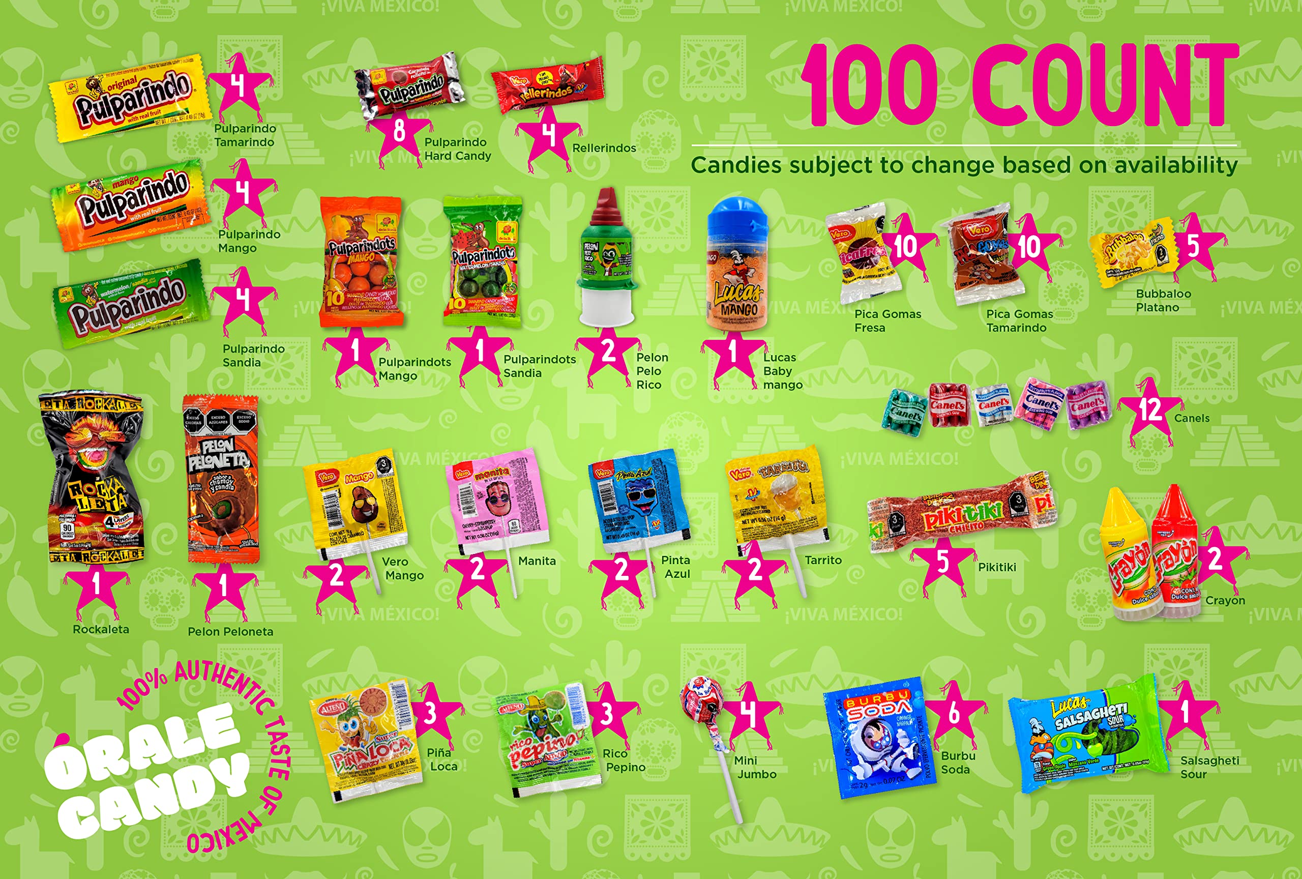 Mexican Candy Mix Assortment, Dulces mexicanos, Includes Vero mango, Salsaghetti, Peloneta, Pelon pelo rico, bulk candies, pulparindo, candy box variety pack