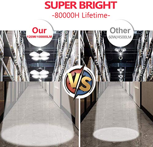 LED Garage Lights, 120W 10000LM Garage Ceiling Light E26/E27 Deformable LED Bay Lighting with 4 Adjustable Aluminum Panels, 224 LED Chips Shop Light for Garage, Warehouse (No Motion Activated)