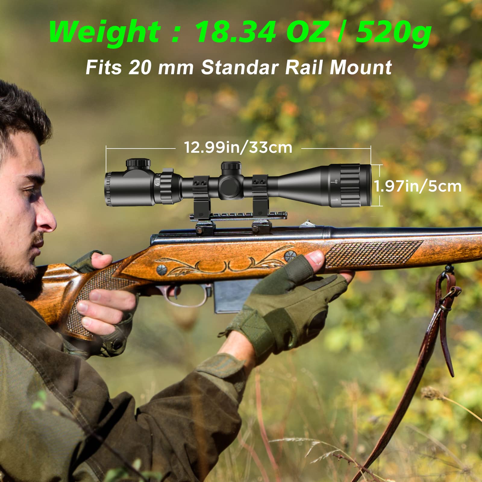 Paike .22 3-9x40mm Adjustable Obj. Rifle Scope, Illuminated Air Rifle Scope Airsoft Scope with 20mm Mounts