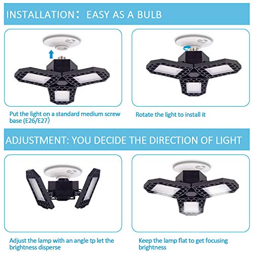 LED Garage Lights, Super Bright Garage Lighting, 7200 Lumens Trilights LED Garage Ceiling Light, 60W Deformable Lamp for Storage Room Workshop and Warehouse