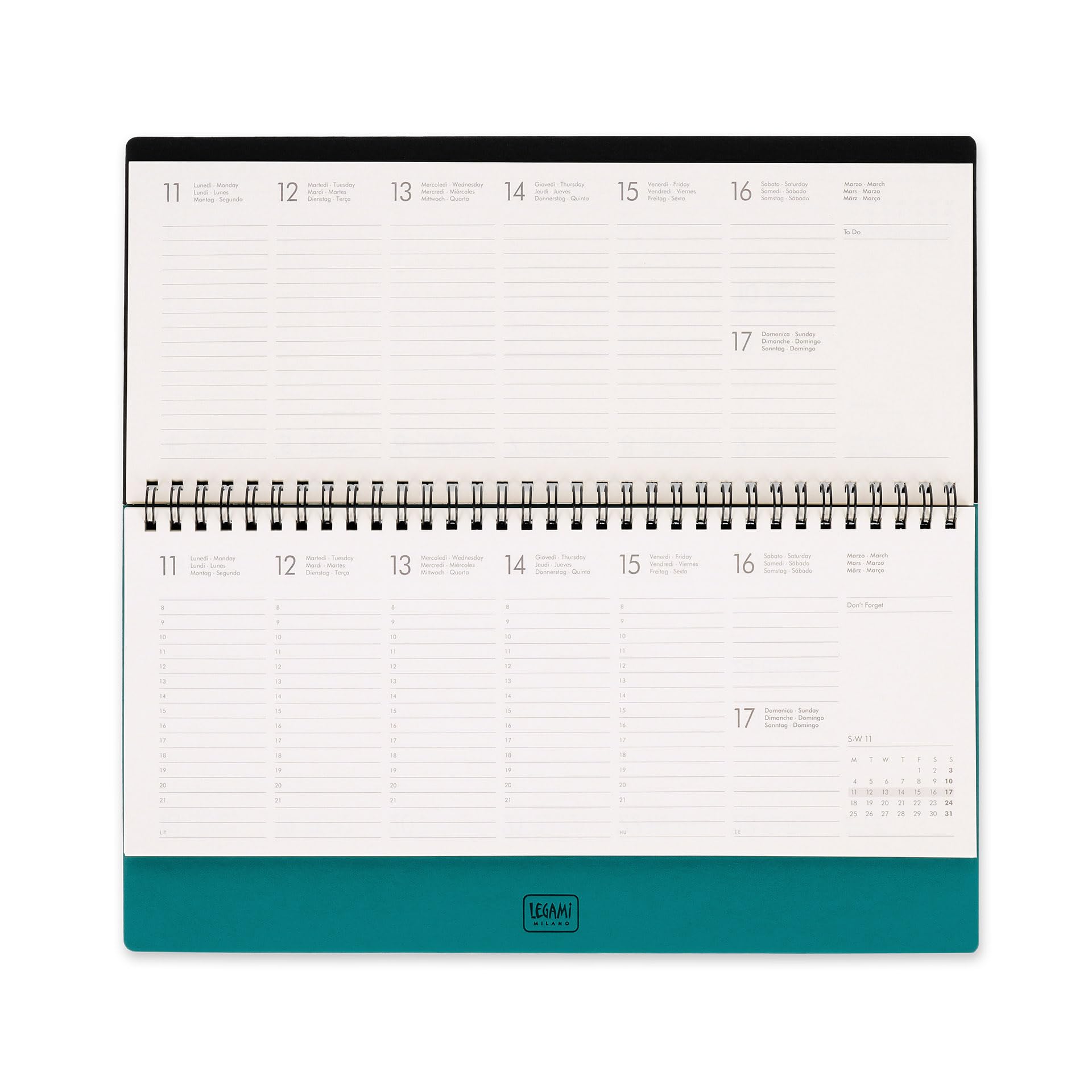 Legami - Desk Planning, 13 Months, from January 2024 to January 2025, Spiral Binding, One Week by Page, Holiday Plan, International Parties, Address Book, 29x15 cm, Malachite green