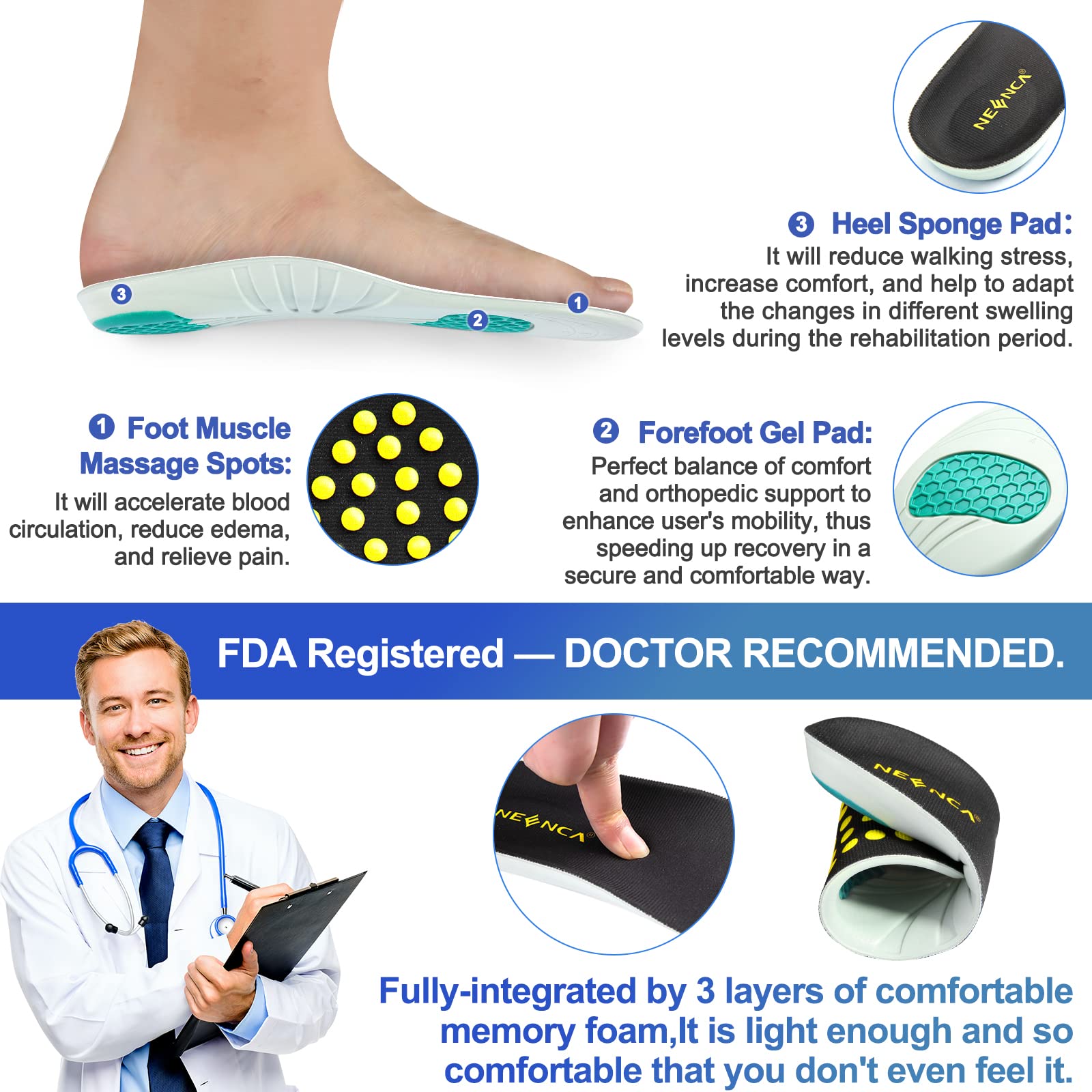 NEENCA Professional Shoe Insoles, Comfort Memory Foam Cushioned Shoe Inserts, Medical Grade Shock Absorption Boot Insoles, Soft Support for Arch/Foot/Heel Pain Relief, Everyday Use