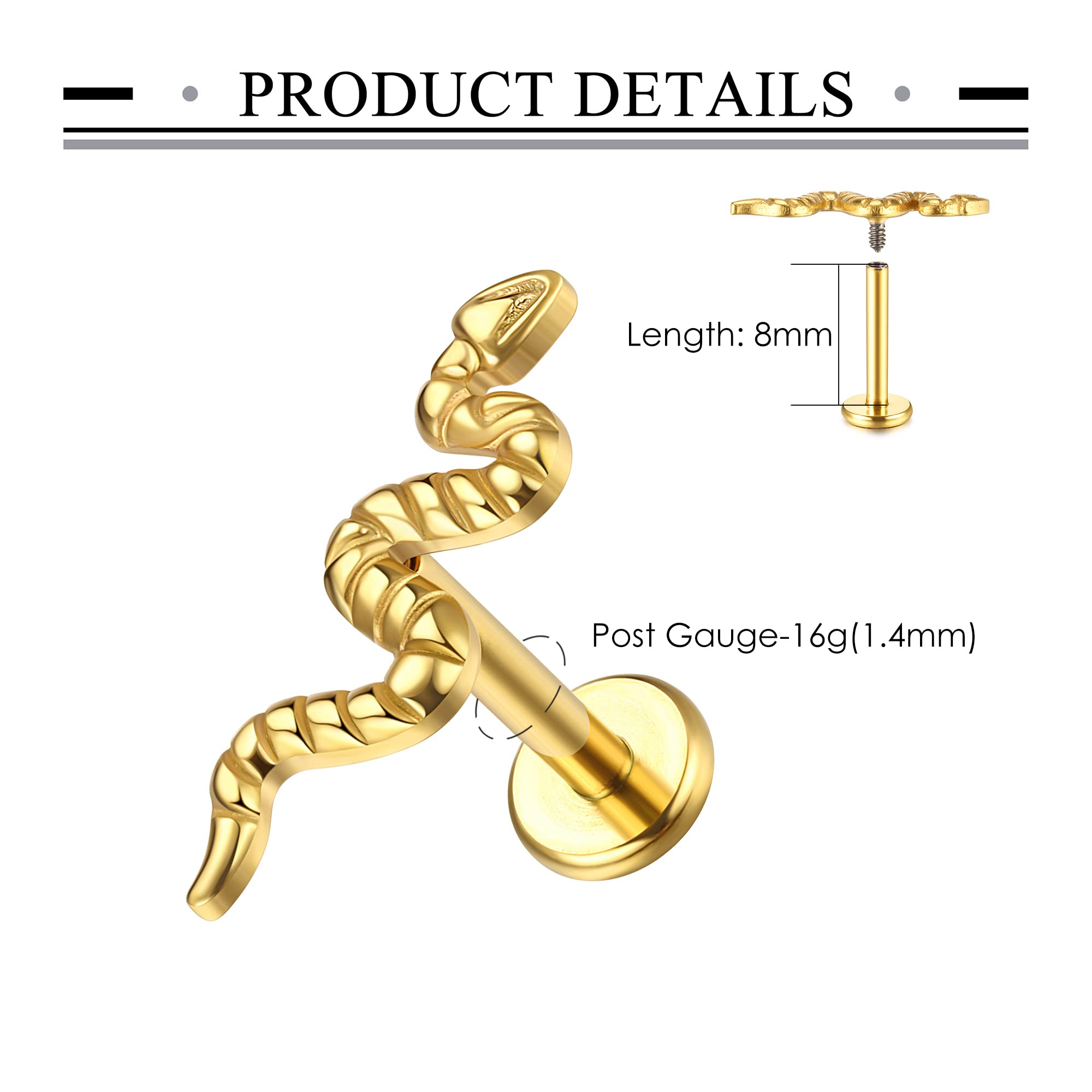 MILACOLATO 3Pcs 16G Solid Titanium Cartilage Earrings Internally Threaded Flatback Stud Earrings Snug Forward Helix Tragus Ear Piercing Jewelry for Women, Gold