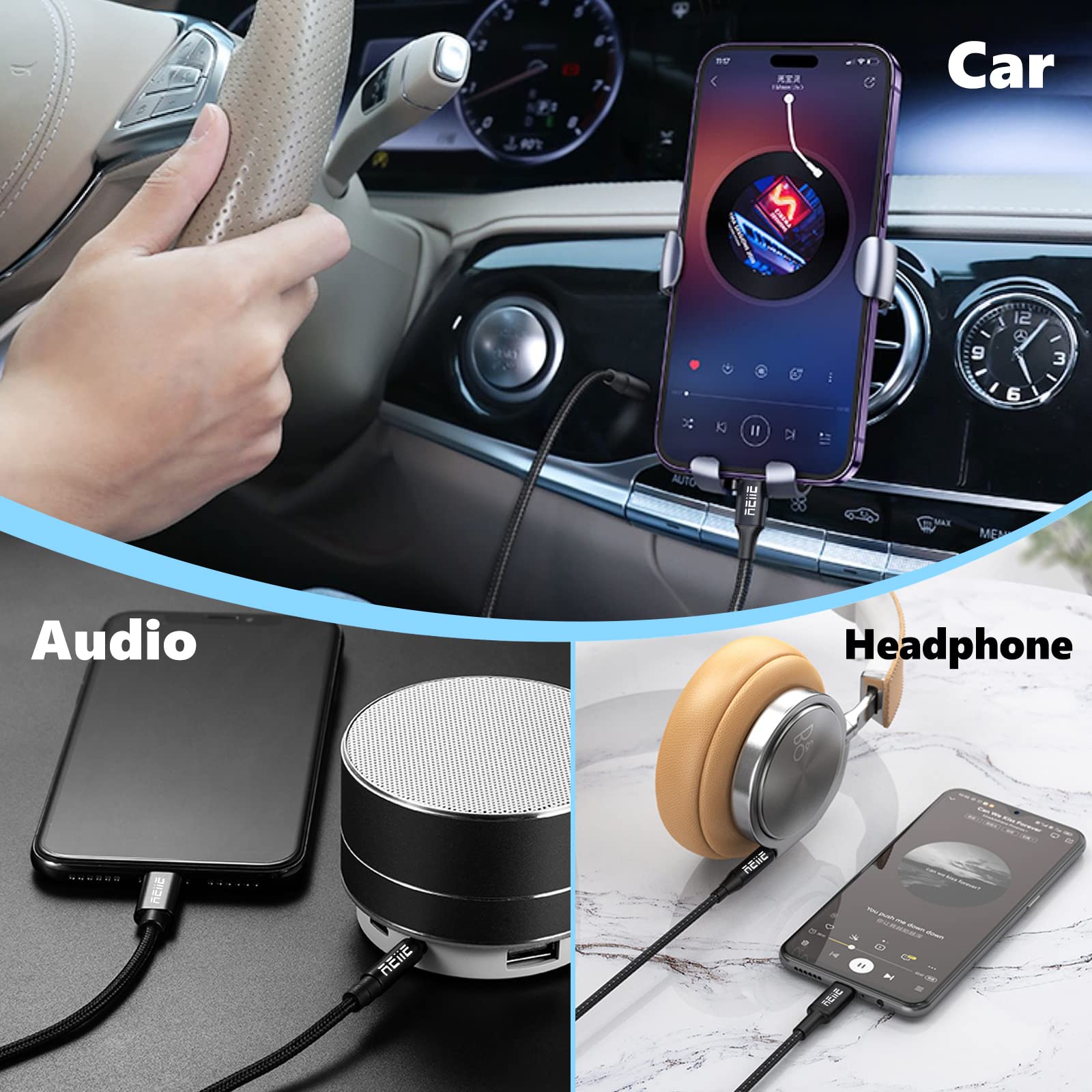 reiie 【Apple MFi Certified】 3.9FT Aux Cord for iPhone, Lightning to 3.5mm Audio Cable for Car Stereo,Speaker,Headphone Compatible with iPhone12/11 Pro Max,/X/XS/XR/8/7/iPad