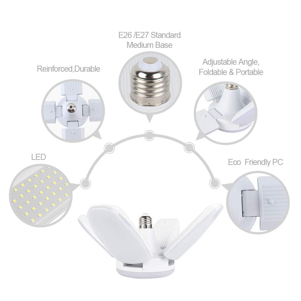 LED Garage Lights 60W Deformable Garage Ceiling Lighting E26 6000LM Daylight LED Light Bulbs Adjustable Led Shop Lights Super Bright Working Light Garage Workshop Barn Warehouse Basement (60W-1Pack)