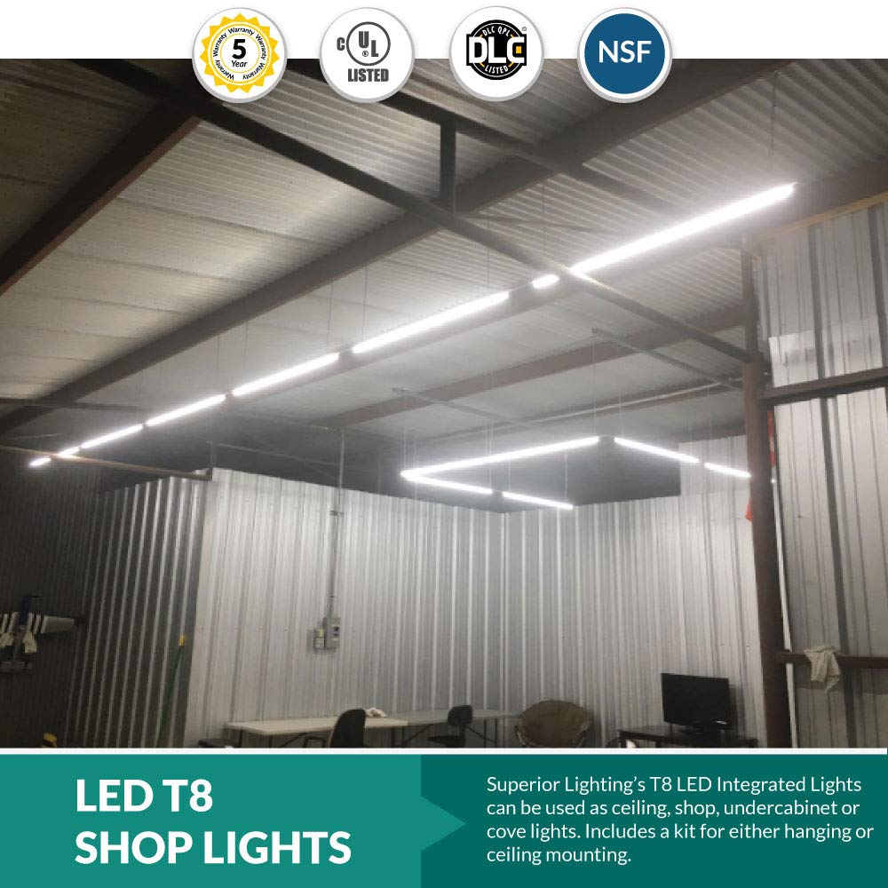 LED Integrated T8 Shop Light - Hanging or Surface Mount- High Output - 19 Watt - 1900 Lumens - 4000K Cool White - 4 Feet - 2 Pack