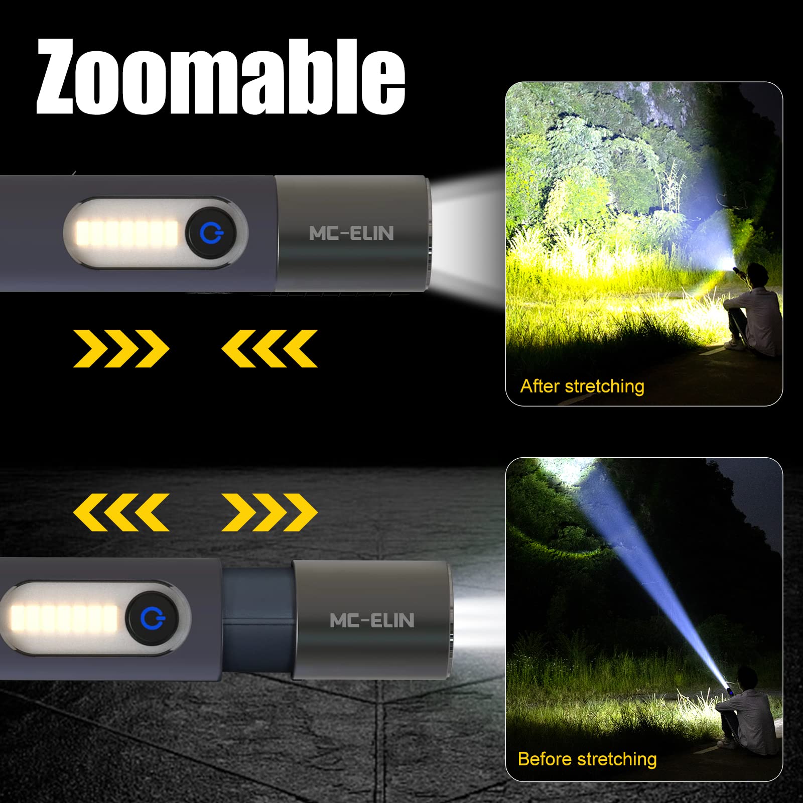 MC-ELIN Rechargeable Flashlight,USB C High Lumens Zoomable Small LED Flashlight 4 Modes Plastic Lantern Torch with Side Light Carabineer Clip Portable Flash Lights for Camping Emergency Cycling
