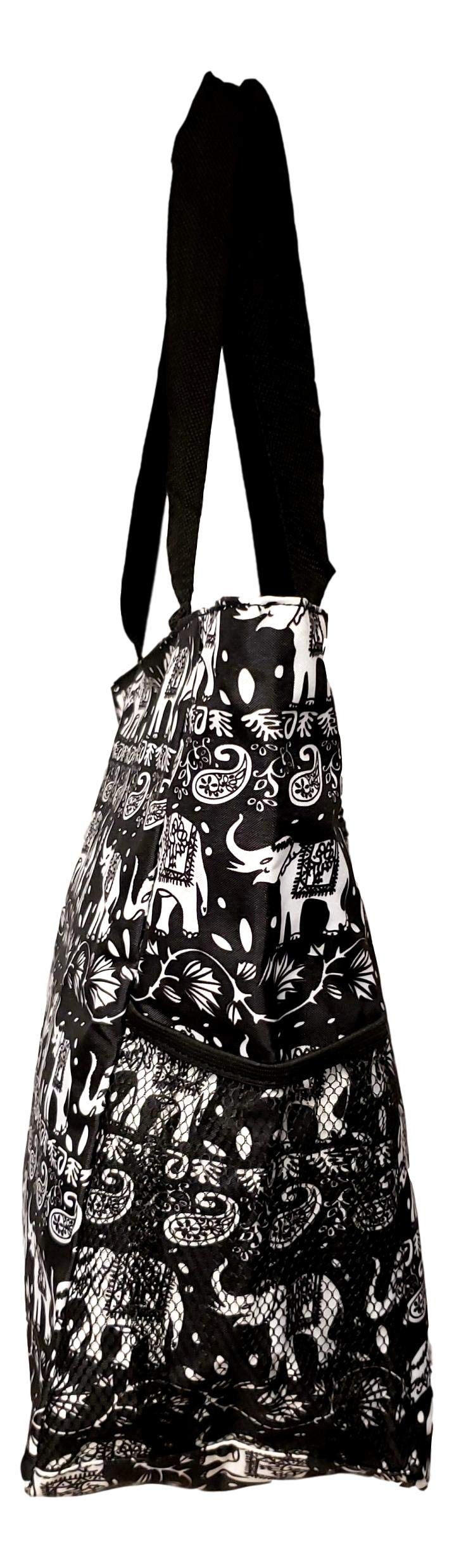 Large Multi - Pocket Fashion Zipper Top Beach Bag Tote - Custom Embroidery Available (Black Elephant)