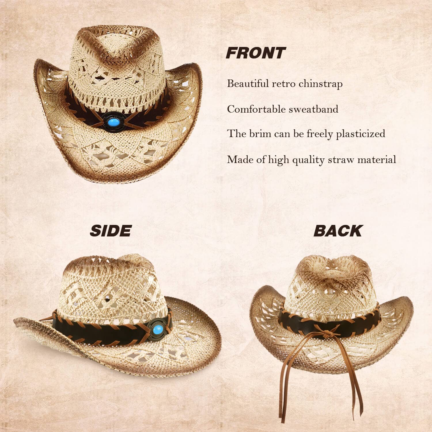 OYSPOSUP Straw Cowboy Hat for Men and Women with Shape-It Brim, Western Cowboy Hat