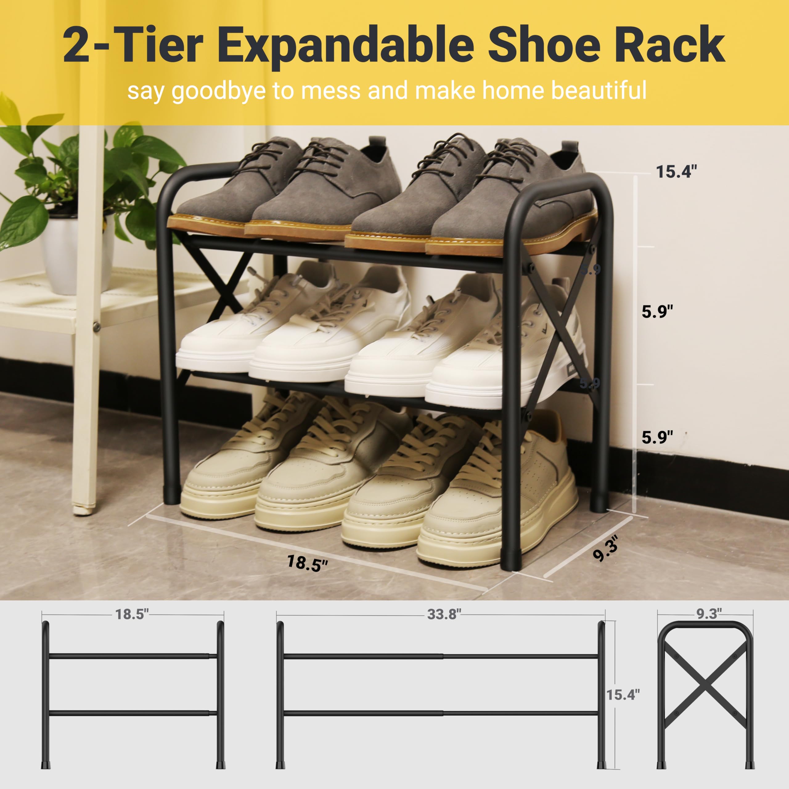 YEASHEIN 2-Tier Expandable Shoe Rack for Closet, Adjustable Shoe Organizer Metal Shoe Shelf for Entryway, Garage & Corridor, Free Standing Shoe Holders, Easy to Assemble