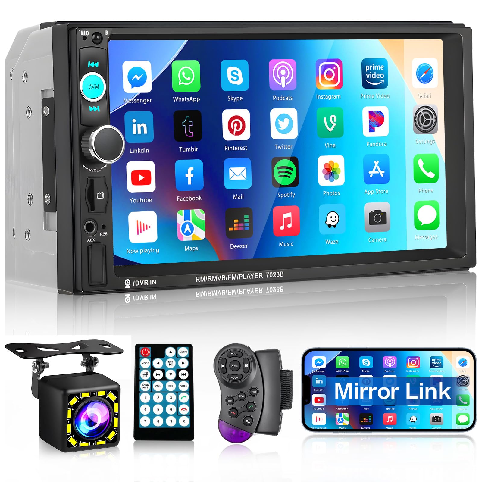 Inefala Car Stereo Double Din with Bluetooth, 7 Inch Touchscreen Car Radio with Backup Camera Support Mirror Link, FM Radio, USB/TF/AUX Input, Remote Control, Steering Wheel Remote