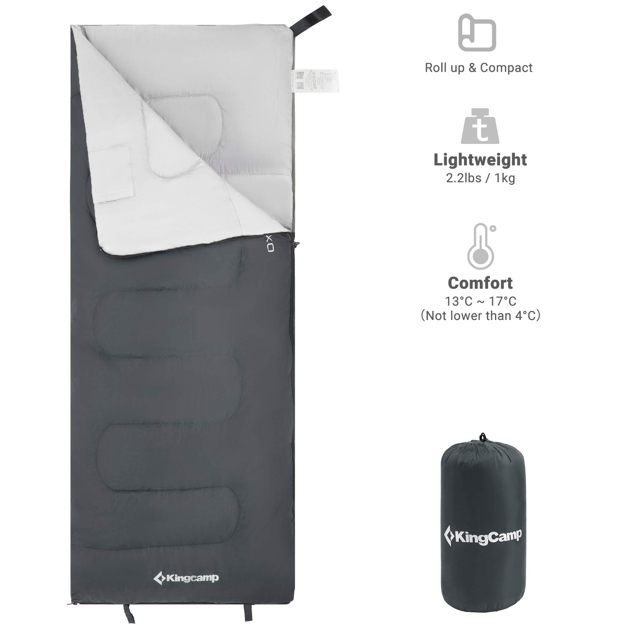 KingCamp Lightweight Envelope Sleeping Bag 55℉ Portable Waterproof Comfort for Cool Warm Hot Weather Compact Backpacking Camping Hiking Travel 70.8"x29.5"