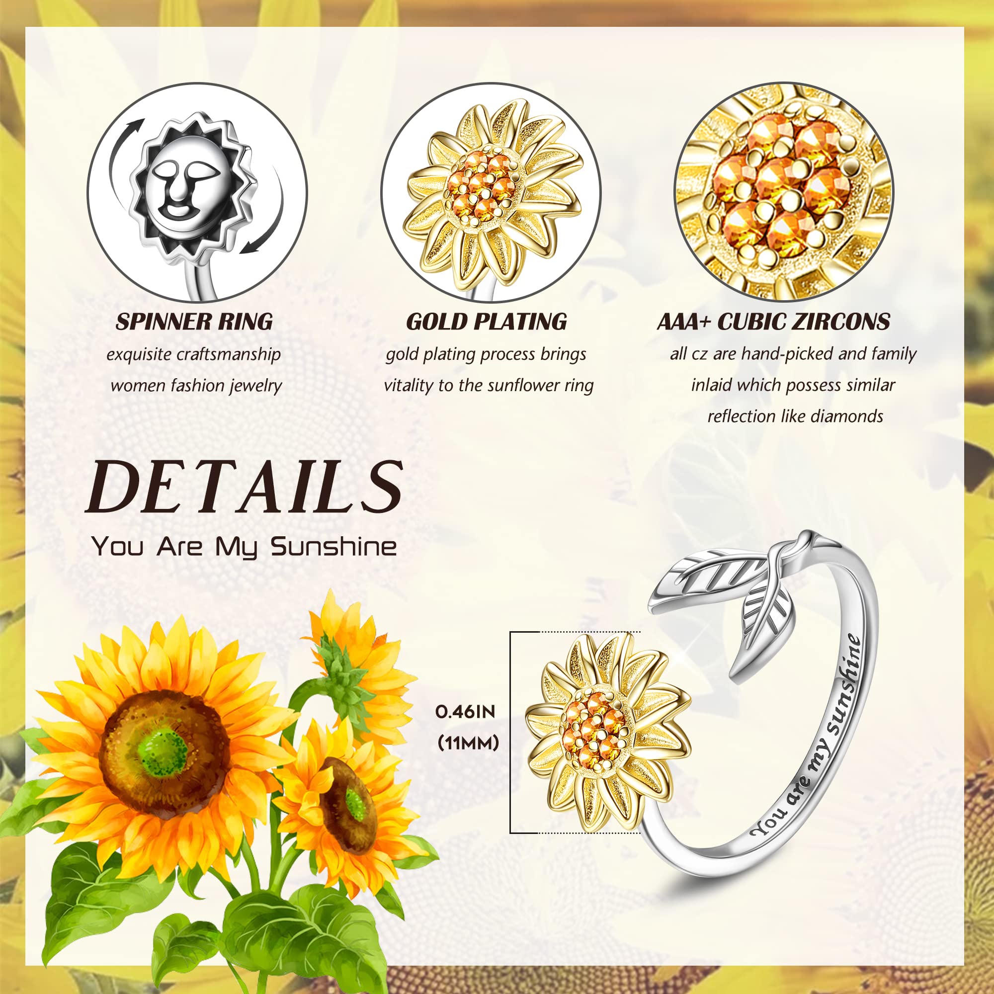 LOYALLOOK 4Pcs Fidget Rings Sunflower Spinner Rings Sun Moon Star Anxiety Rings Adjustable Worry Stress Relieving Ring Rotatable Heart Matching Rings Hug Hands Ring for Couples