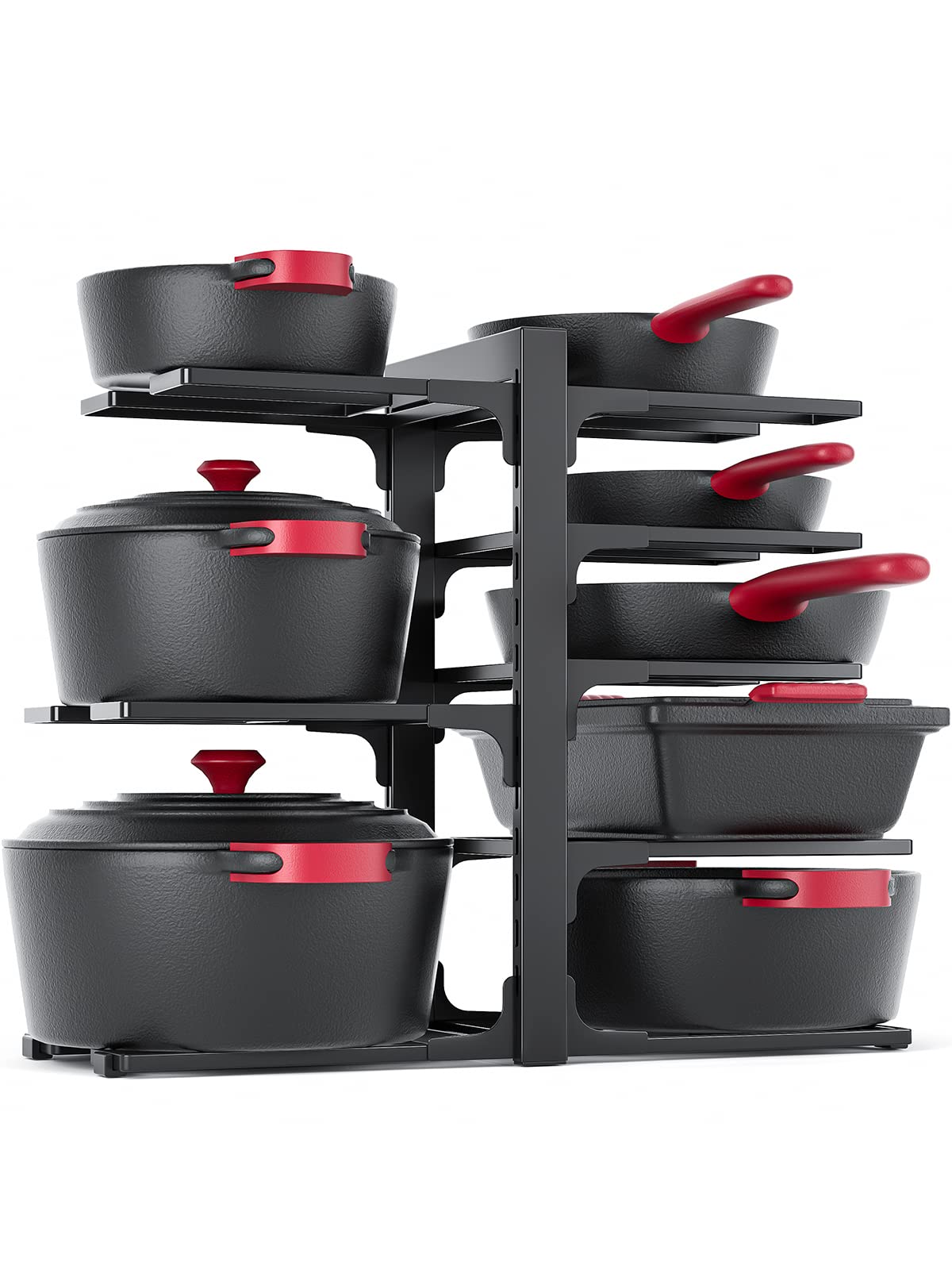 MUDEELA Adjustable 8-Tier Iron Pots and Pans Organizer for Cabinet, Silver, Protective Kitchen Storage