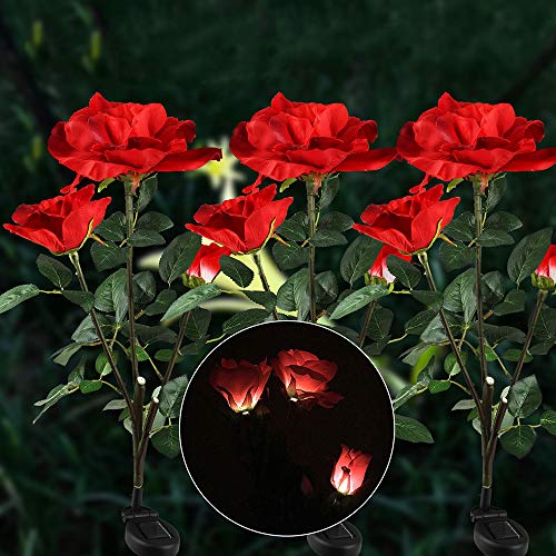 LamQee 3 Head Rose Flower Solar Powered LED Lights IP65 Waterproof Outdoor In-Ground Stake Light Lamp for Garden Stake Yard Home Decor - Pack of 1, Red