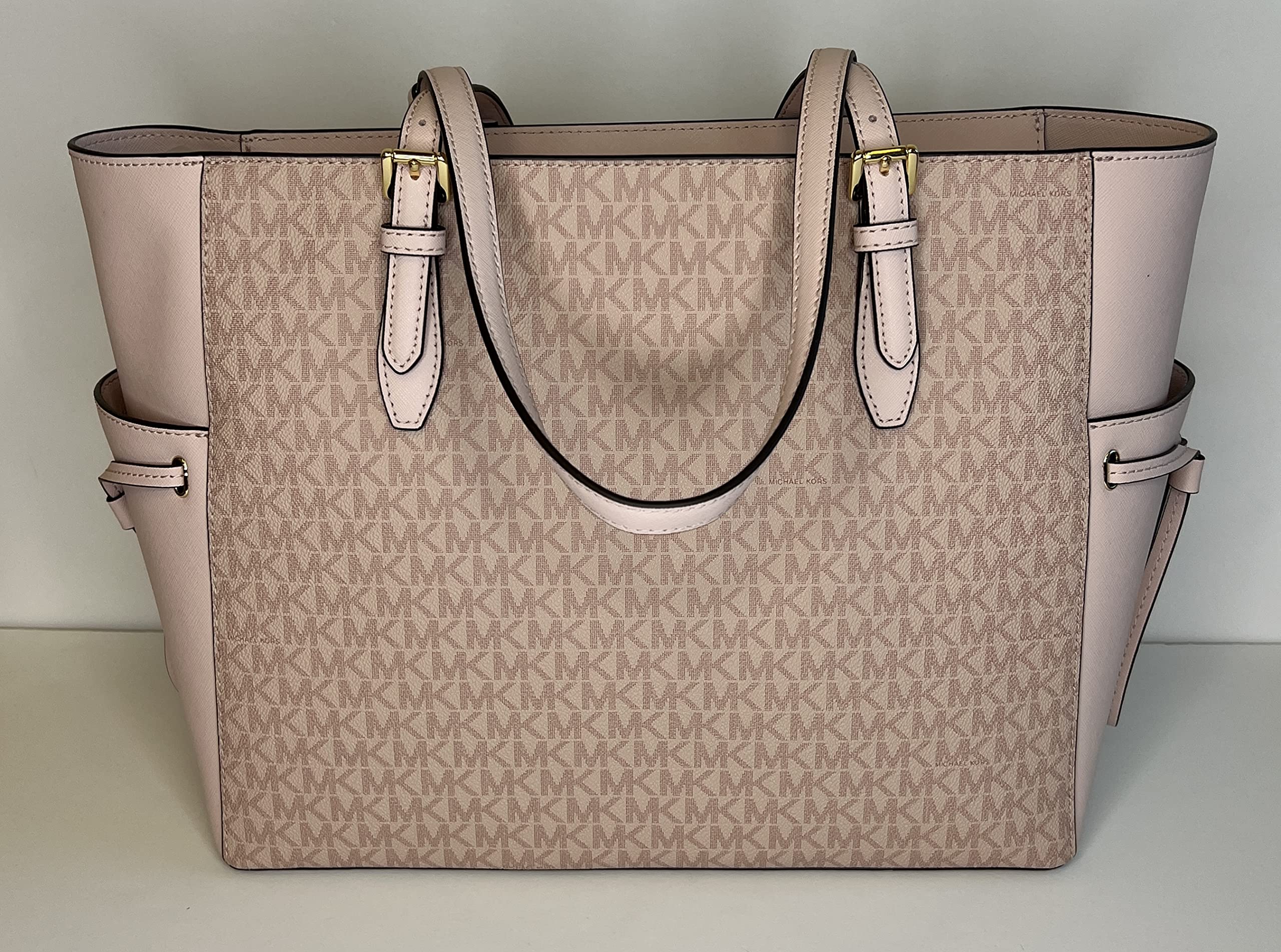 Michael Kors MICHAEL Michel Kors Gilly Large Drawstring Travel Tote bundled with Double Zip Wristlet Purse Hook (Signature MK Pink)