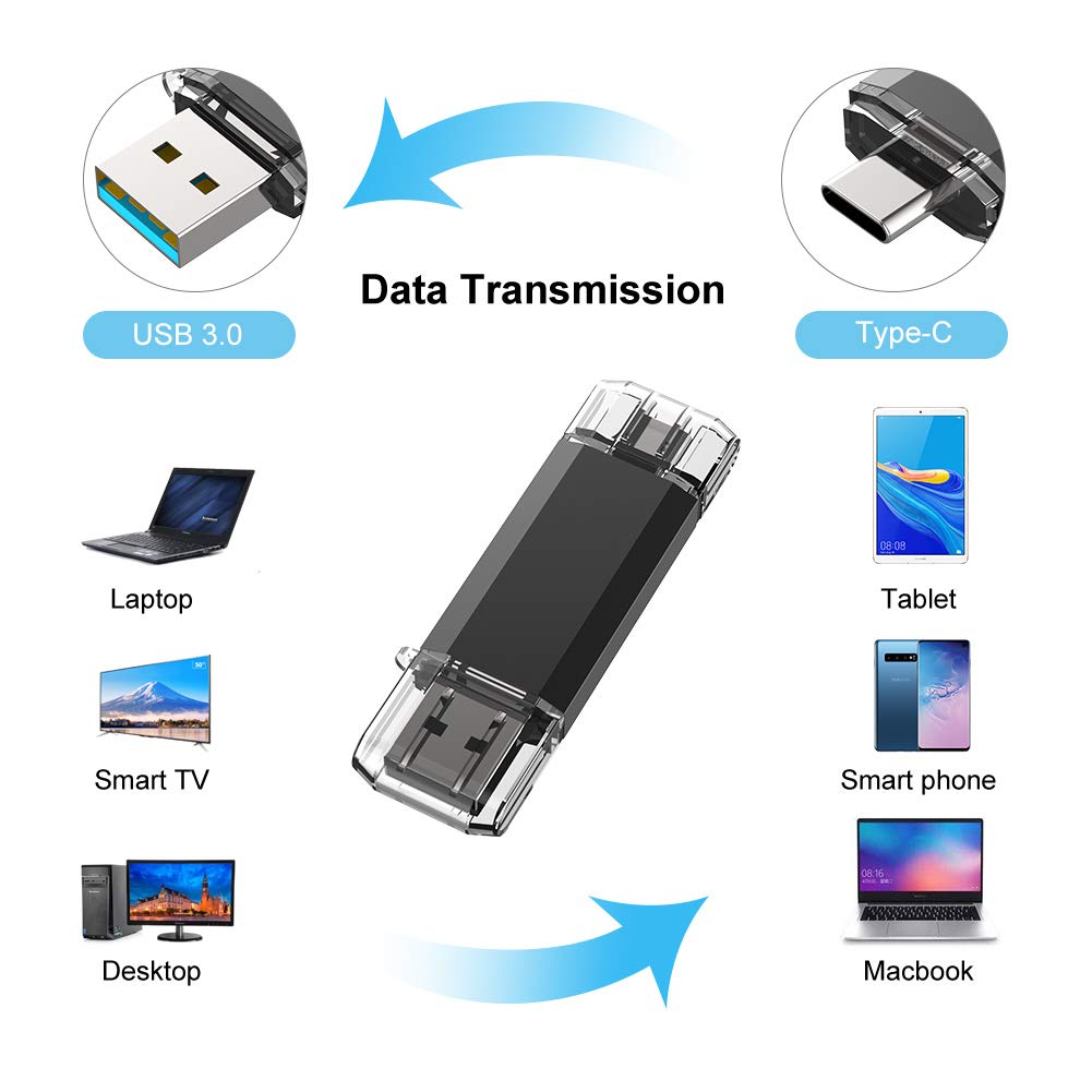 JOIOT Type C Flash Drive 128GB 2 in 1 OTG Jump Drive (USB-A 3.0/USB-C 3.0) Memory Stick for Type-C Smart Phone, MacBook, Tablet, Pixel, Samsung Galaxy, PC(Black)