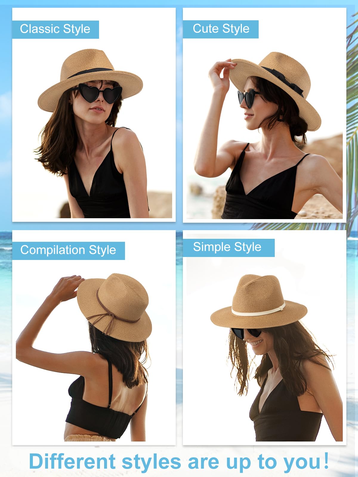 Sun Hats for Women Straw Panama Hat Wide Brim Fedora Beach Hat Packable UV UPF 50+ Summer Hat Khaki