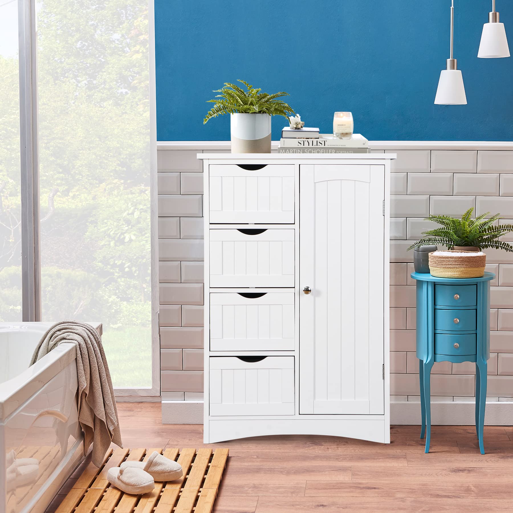 ZENY Bathroom Floor Storage Cabinet, Side Storage Organizer with 4 Drawers and 1 Cupboard, Adjustable Shelf Freestanding Entryway Storage Unit for Living Room/Bathroom, White
