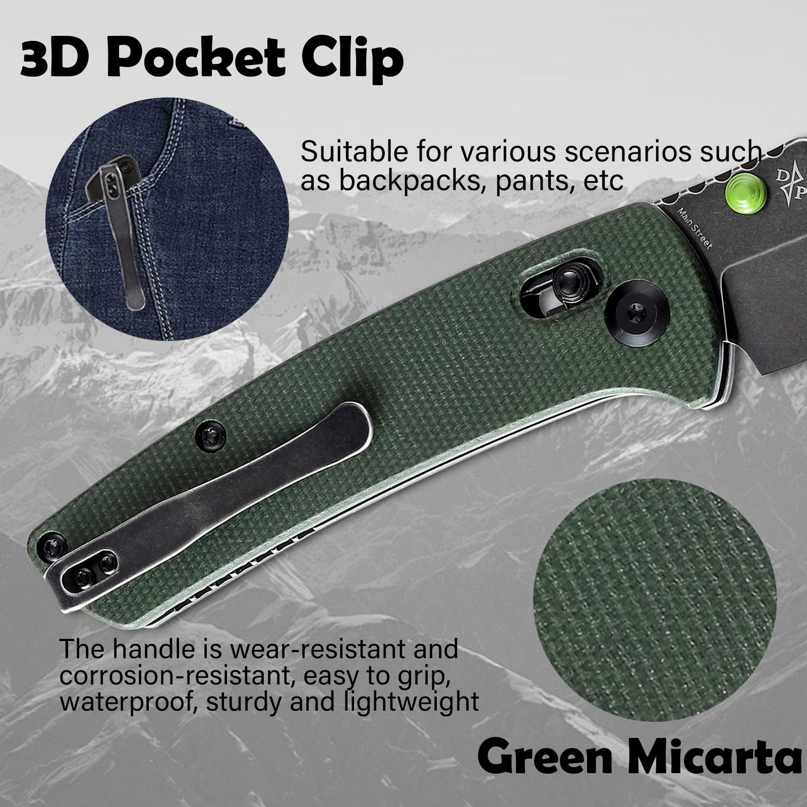 KANSEPT Main Street Pocket Knives 7.92in Axis Lock Folding Knife with 3.36in Black 154CM Material, Green Micarta Handle, Poclet Tactical Knife for Men,Easy Open Knives, Envelope Opener T1015V6