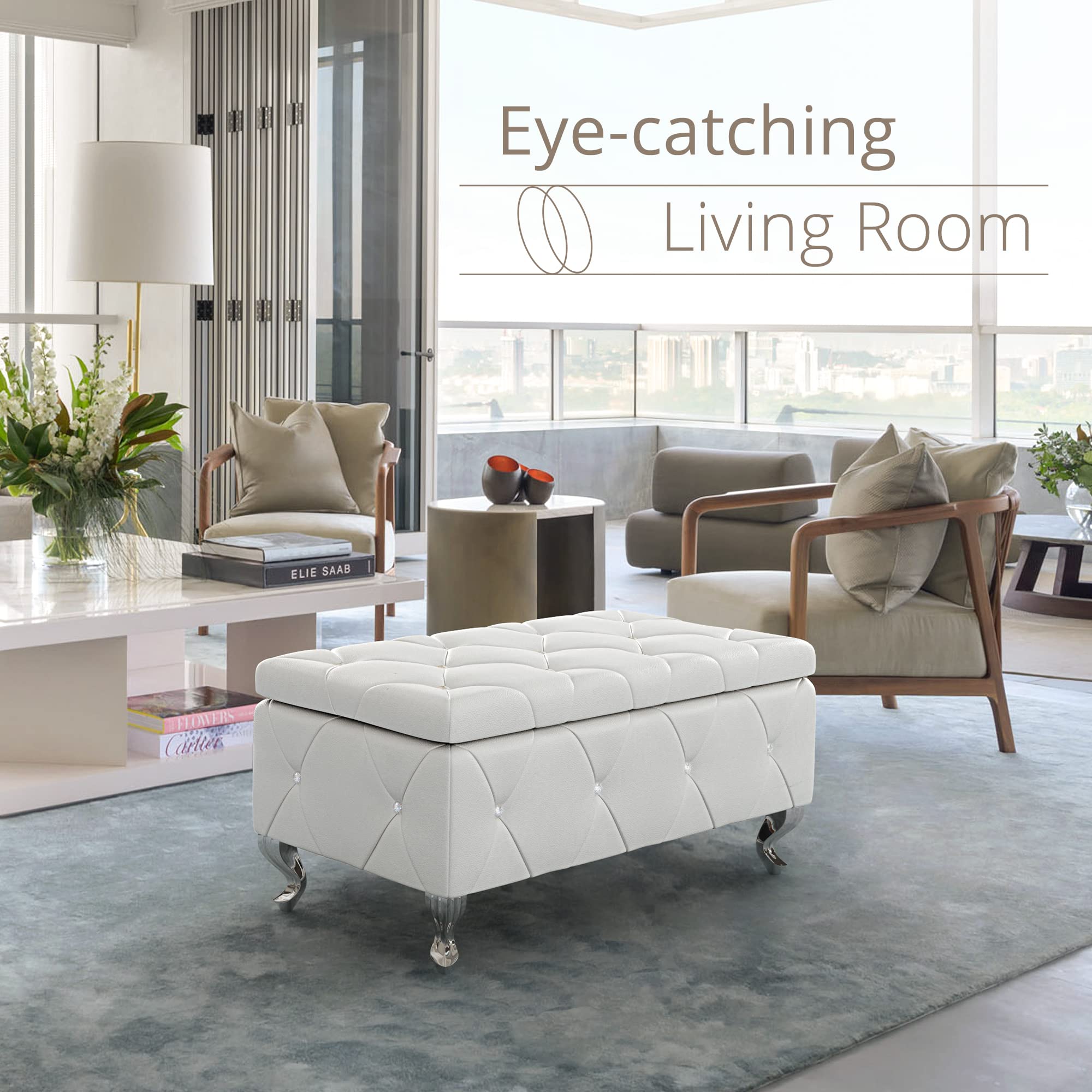 LUE BONA Storage Ottoman Bench, 38'' Upholstered White Faux Leather Ottoman with Crystal Tufted Button, Flip Top Foot Rest, End of Bed Bench Seat for Bedroom, Living Room, Vanity, 350LBS