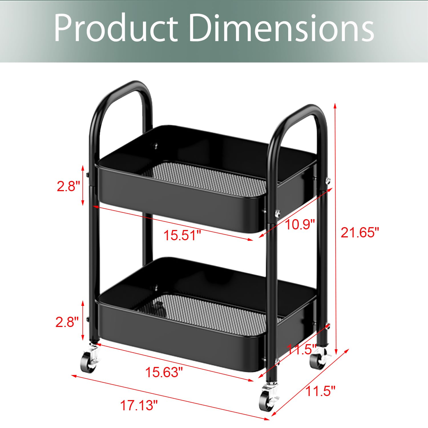 Melody House 2 Tier All-Metal Rolling Cart,Rolling Storage Cart with Handle and Locking Wheels Kitchen Cart,Laundry Office Bathroom Storage Organizer Cart with Wheels, Black