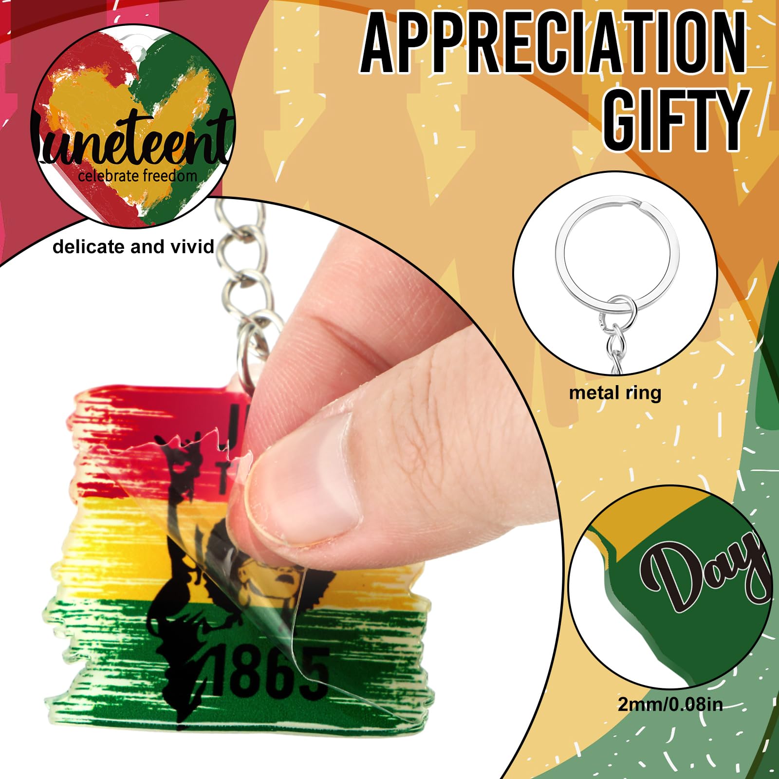 Remuuly 50 Pcs Juneteenth Keychain Bulk Gifts Juneteenth Freedom Gifts Heart 1865 Territory Key Ring for Women Men