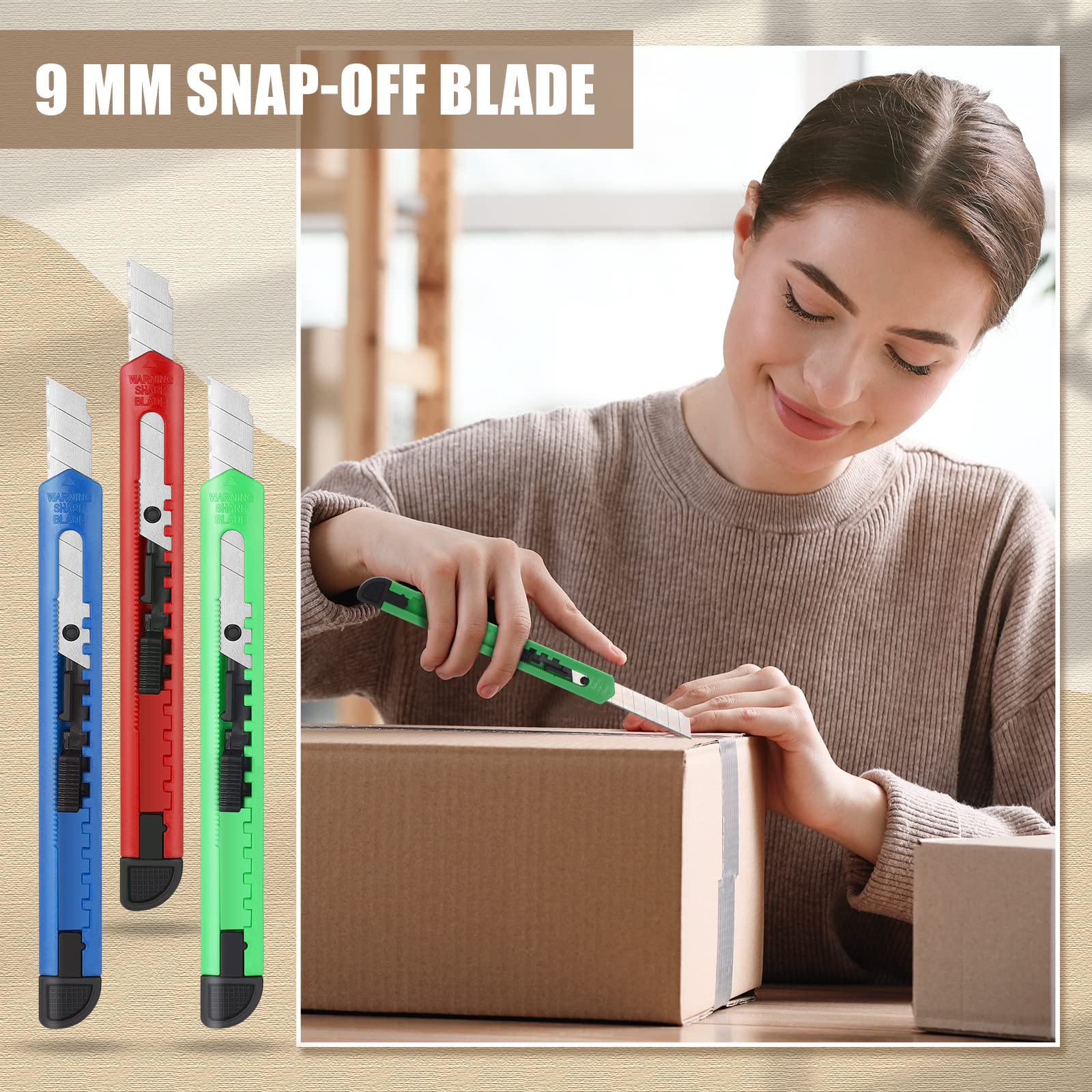 Lasnten 200 Pcs Box Cutter Utility Knife Small Retractable Knife 9mm Wide Snap off Blade Knife Plastic Compact Box Opener with Sliding Lock Tools for Home Office Arts Crafts, 3 Colors