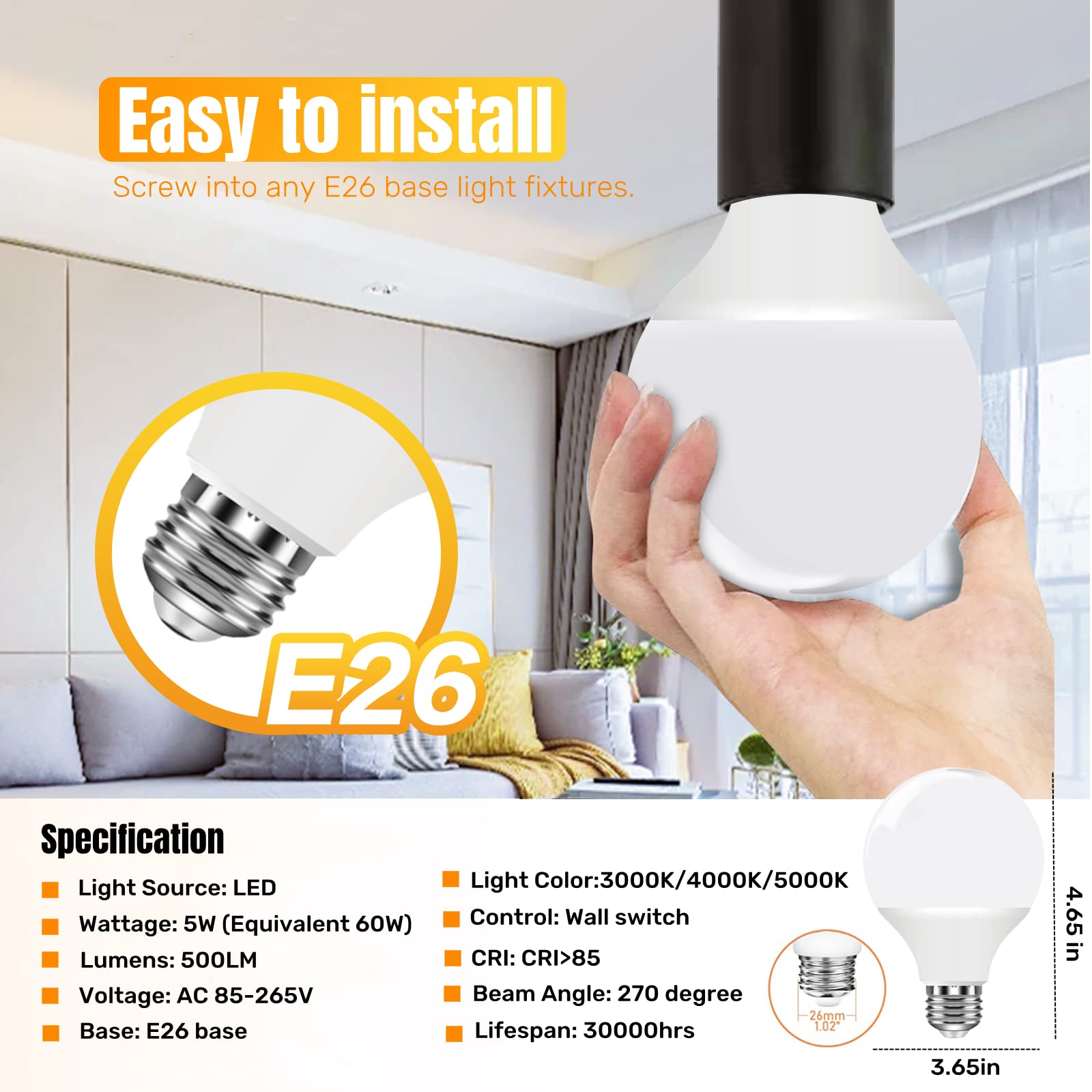 Neporal 8 Packs LED G25 Globe Light Bulbs 2700K/4000K/5000K Color Adjustable 5W 60 Watt Equivalent Bathroom Light Bulbs Round Vanity Light Bulbs for Bathroom Vanity Mirror E26 Base Fixture