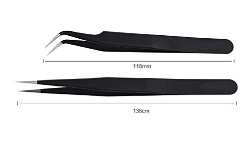 LASSUM 2Pcs Black Straight and Curved Pointed Tweezers for Eyelash Extensions,Stainless Steel False Lash Application Tools