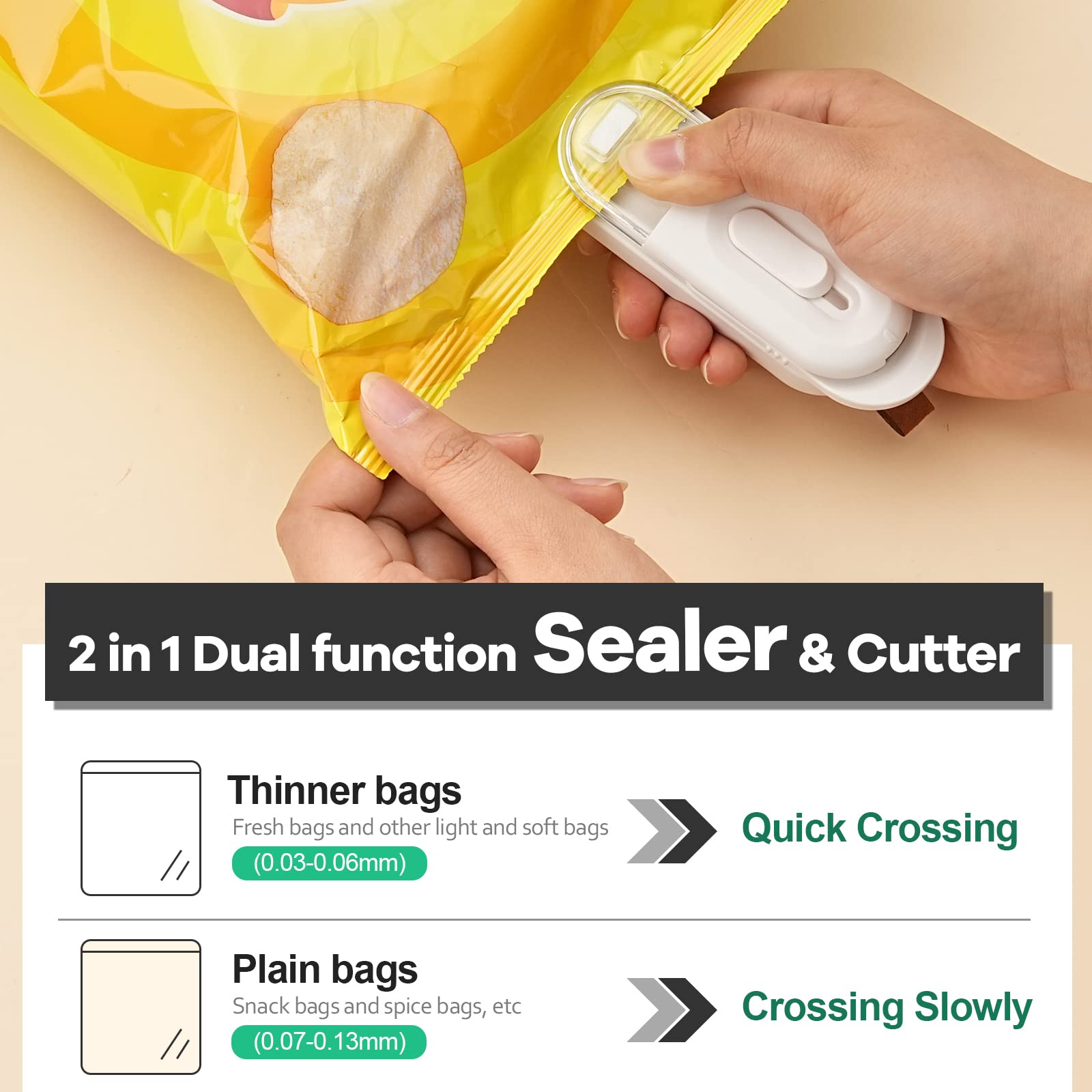 Mini Bag Sealer Chip Bag Sealer Portable Handheld Heat Vacuum Sealer with Cutter Plastic Bag Sealer Bag Resealer Machine for Chip Bags Automatic Bag Sealer
