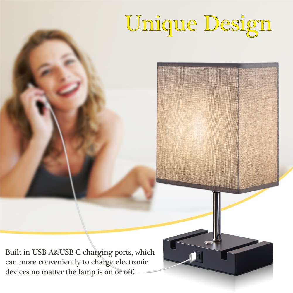 lifeholder Fully Dimmable Table lamp, Lamps with Two Phone Stands and AC Outlet, Bedside Lamp with Two LED Bulb for Bedroom, Living Room,Study(Set of 2) Light Grey