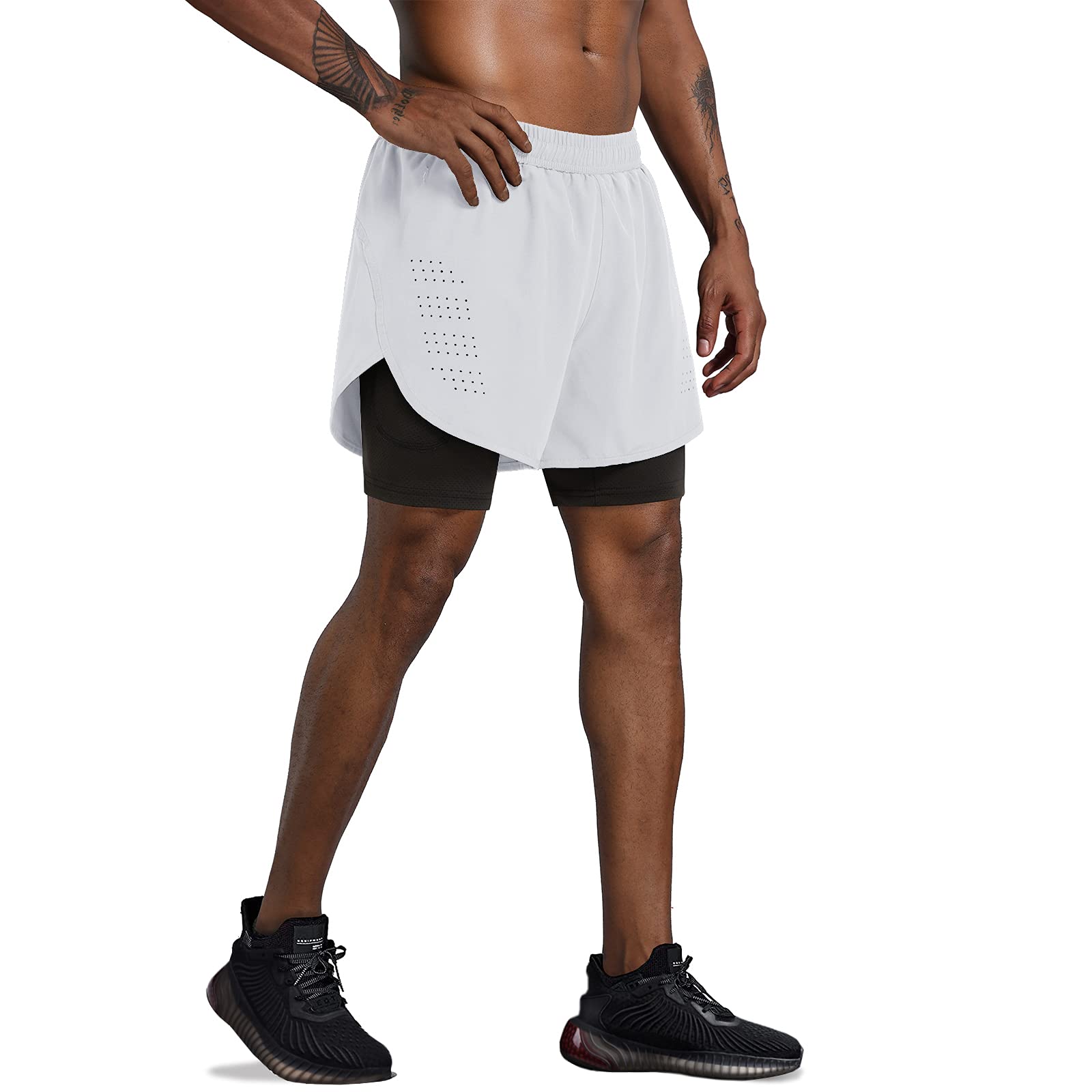 Lulucleaf Running Shorts for Men with Liner Mens 2 in 1 Workout Athletic Yoga Shorts (White, L)