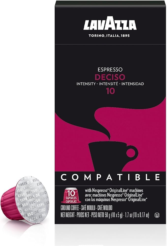 Lavazza Premium Coffee Corp Nespresso OriginalLine Compatible Capsules, Deciso Espresso, Dark Roast Coffee, 10 ct