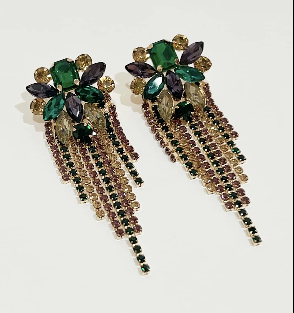 Rhinestone Chandelier Earrings with Gold Finish - Mardi Gras
