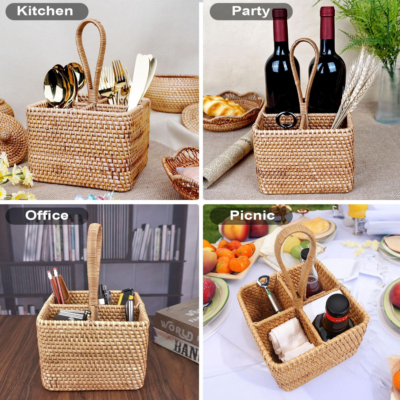 Lilacooqinn Natural Water Hyacinth Utensil Caddy with Built-in Handles,Wicker Silverware Caddy with 4 Compartments,Spoon Cutlery Holder Utensils Organizer,Condiment Organizer Silverware Holder