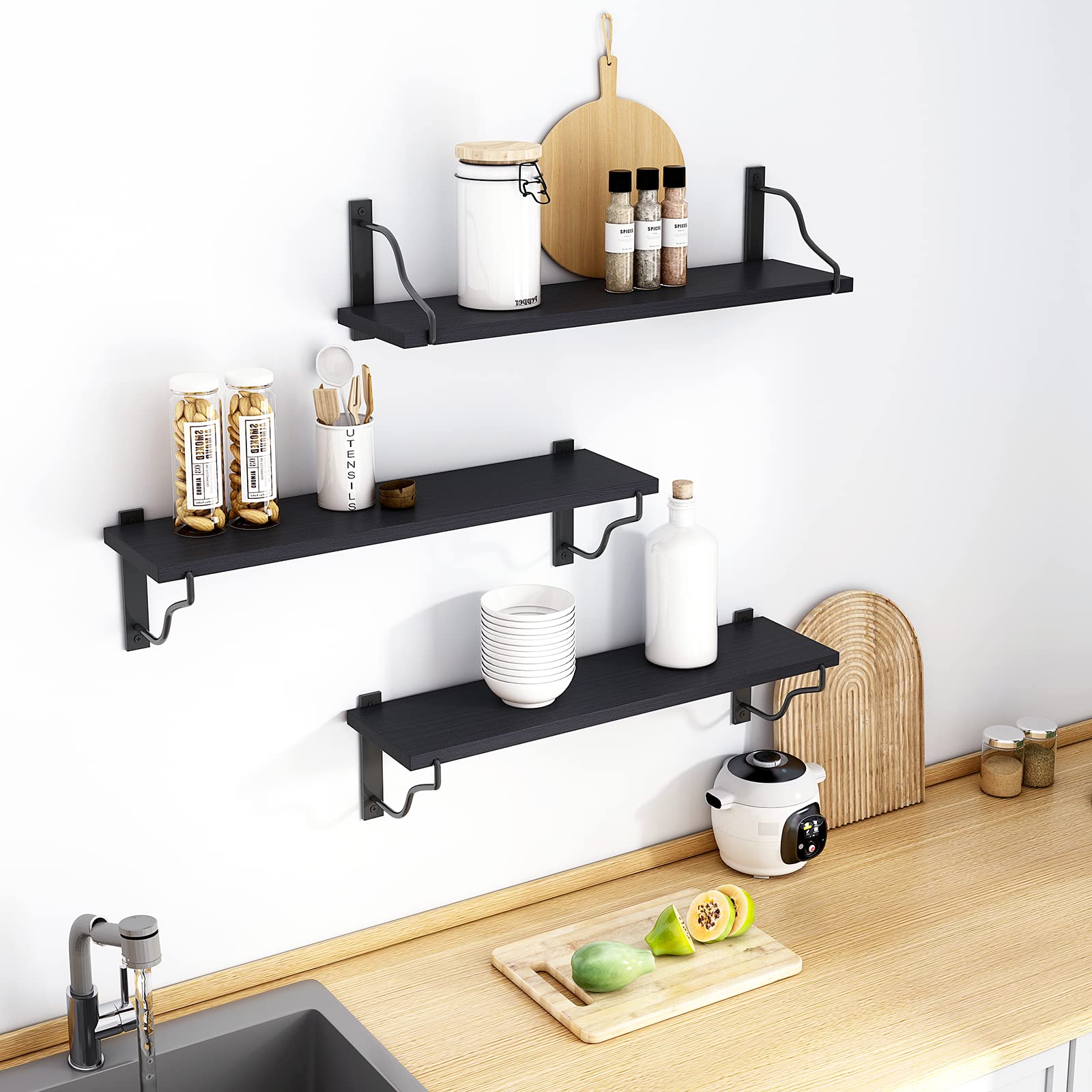 Inforth Wall Shelves, Wood Wall Mounted Shelves for Wall Storage, Floating Shelves for Wall Display with Metal Bracket, Hanging Shelves for Bedroom Kitchen Living Room (Black, 17 Inches)