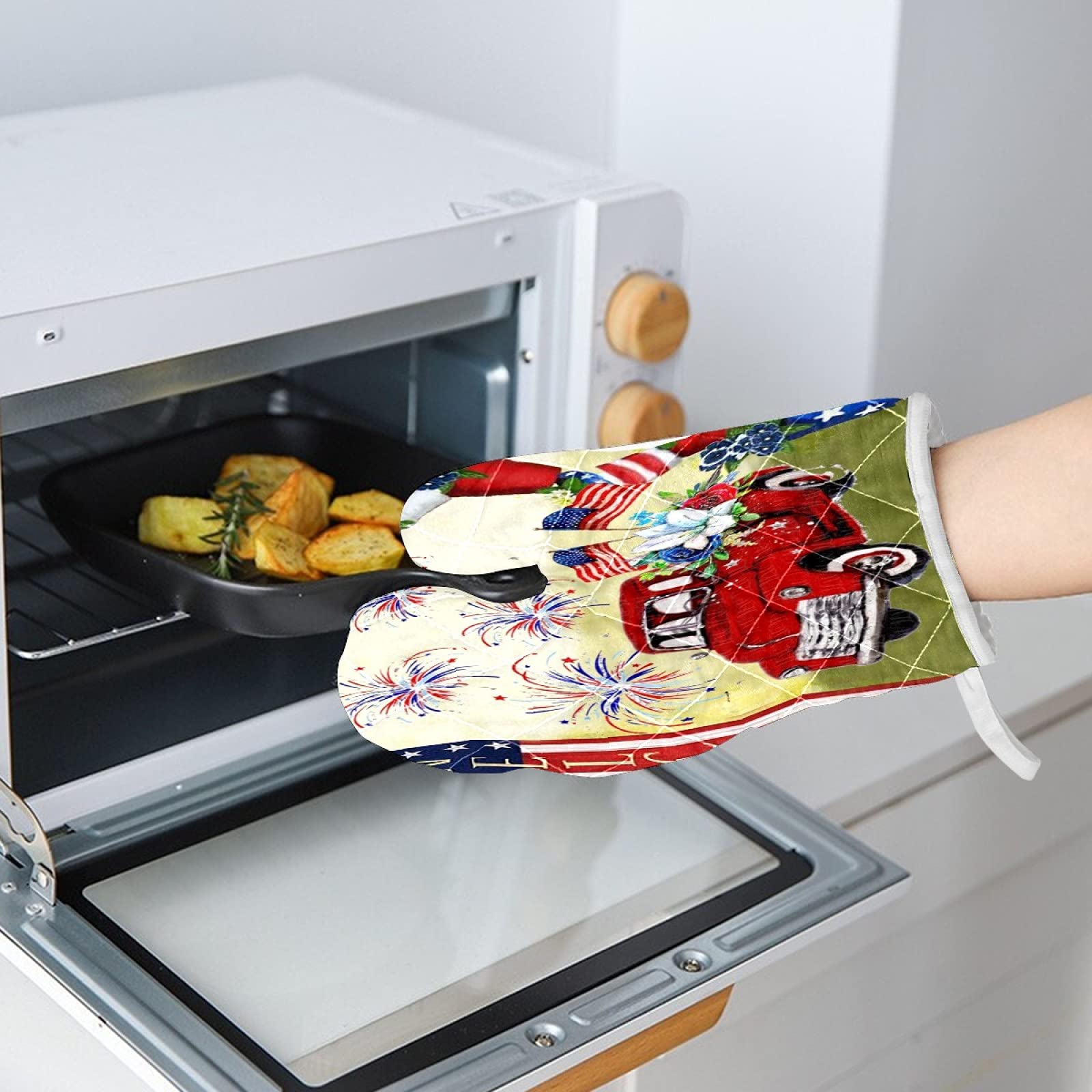 Oven Mitts and Pot Holders Kitchen Gloves Non Slip Oven Mitts and Hot Pads BBQ Gloves Oven Mitts and Hot Pads for Kitchen Cooking Baking Grilling Spring Patriotic Small Red Truck American Flag