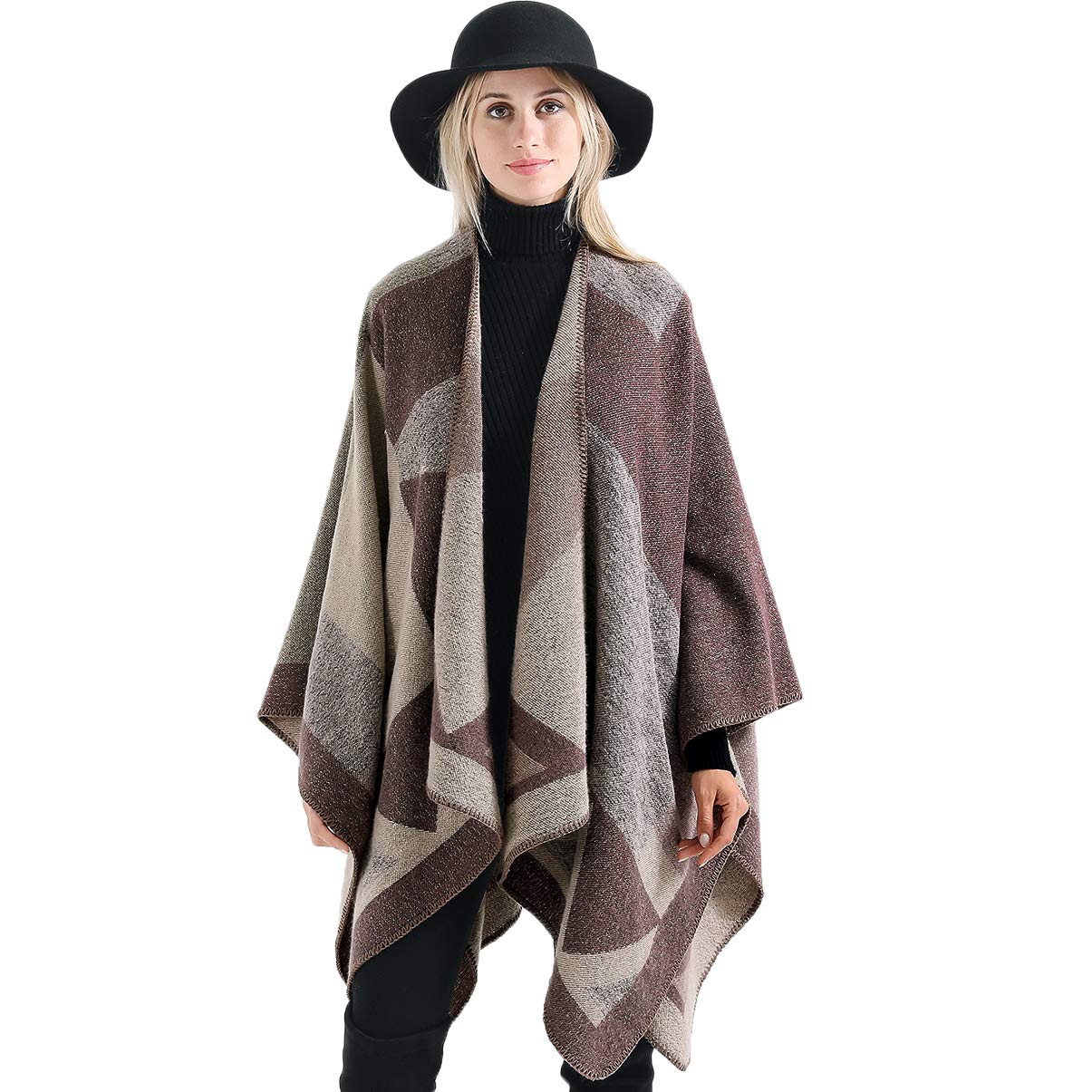 OOPOR Winter Warm Shawl Wraps Cape - Women Fall Knit Wool Plaid Ponchos Blanket Sweater fleece Scarf Coat