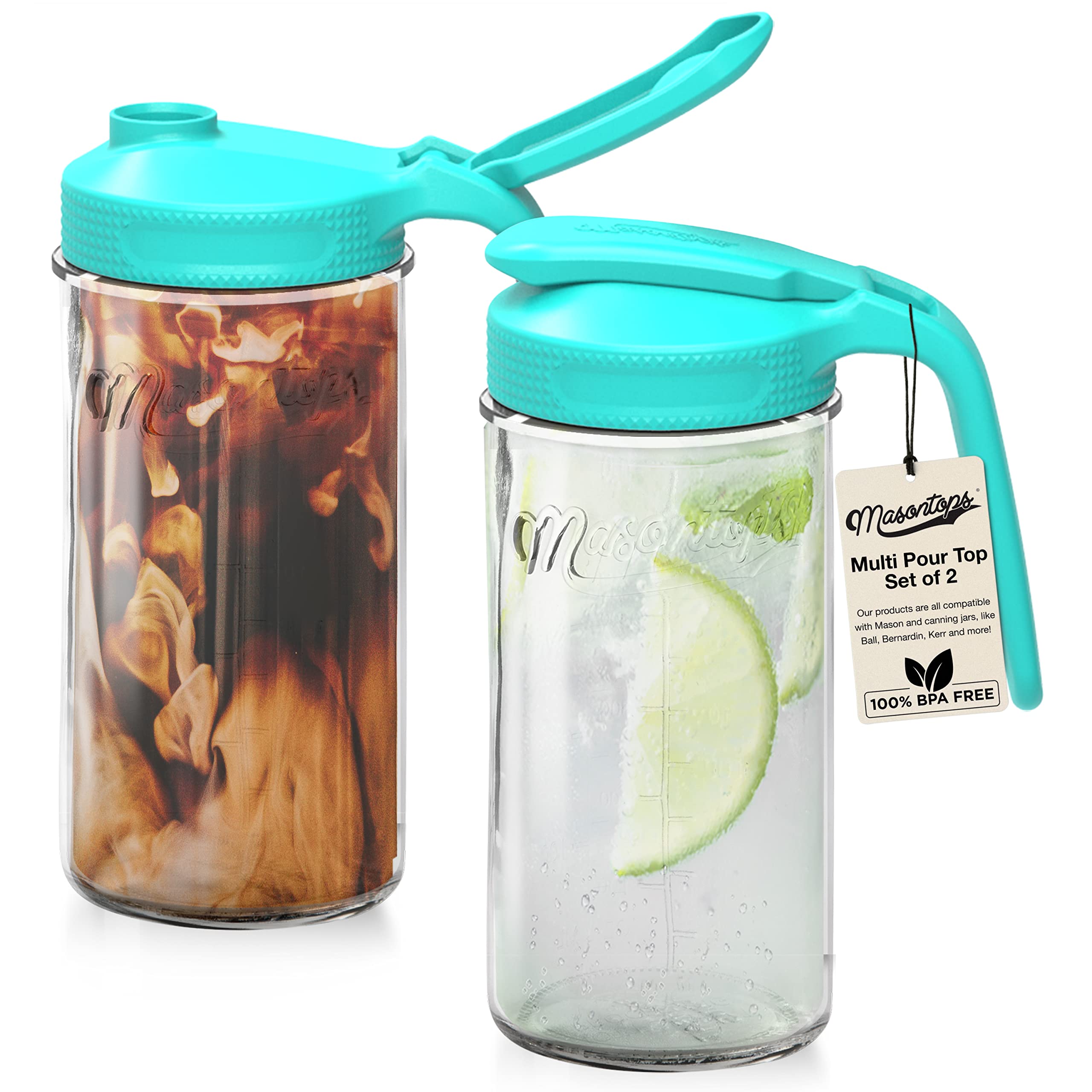 Masontops Multi Top Pitcher Set - Glass Pitcher With Lid & Spout - Elegant Sun Tea Jar - Cold Brew Mason Jar With Handle - 2 X 24 Ounce Wide Mouth Iced Coffee Bottle - Liquid & Food Storage Container