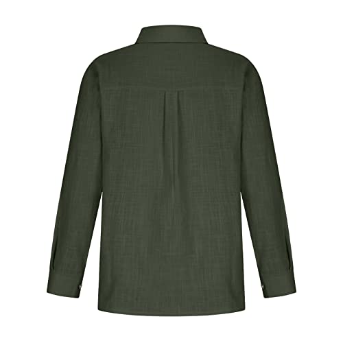Womens Cotton Linen Button Down Shirt 2023 Casual Long Sleeve Solid Color Shirts Loose Work Tops with Pockets Army Green