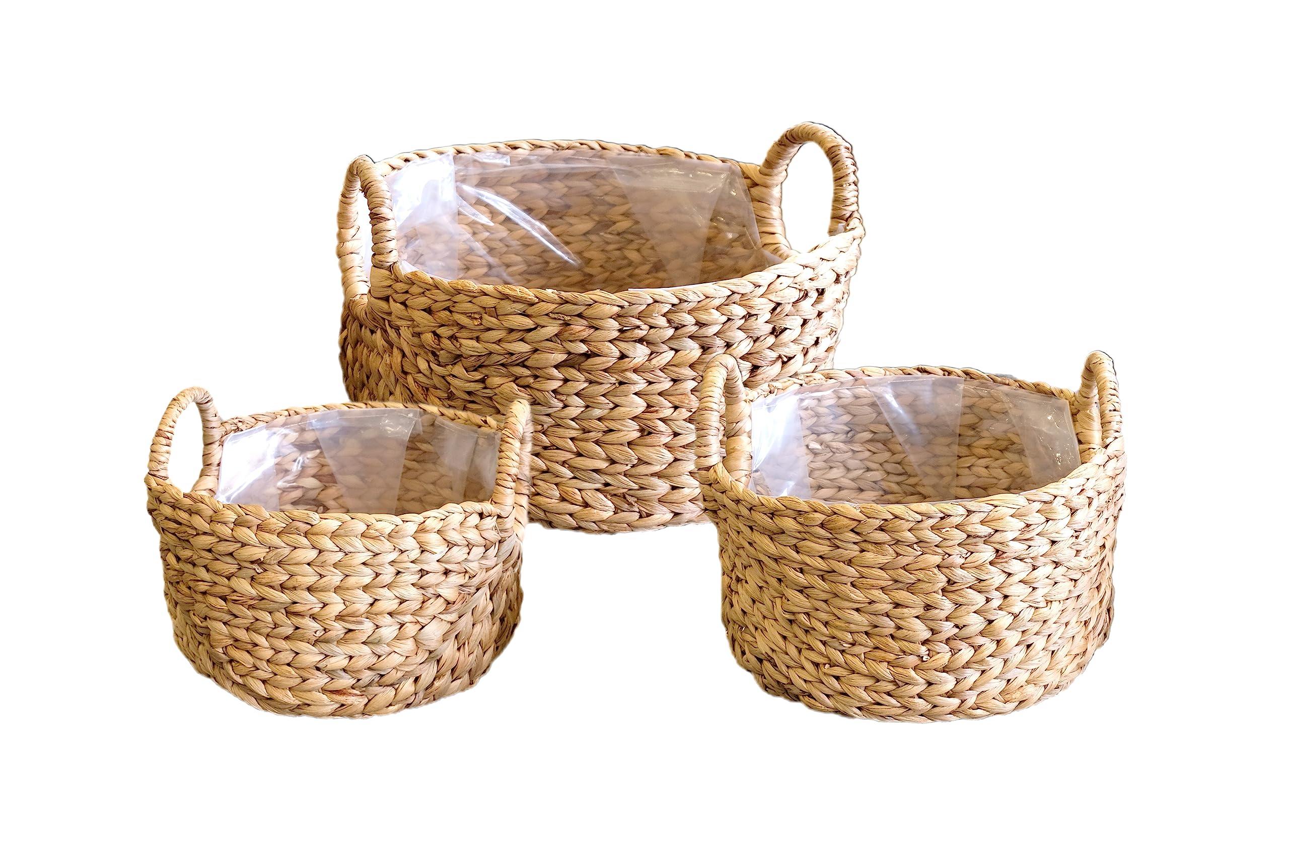 LilaCraft Wicker Baskets for Storage with Liners, Water Hyacinth Storage Baskets for Planting, Handwoven Wicker Storage Cubes, 3 Pack, Brown