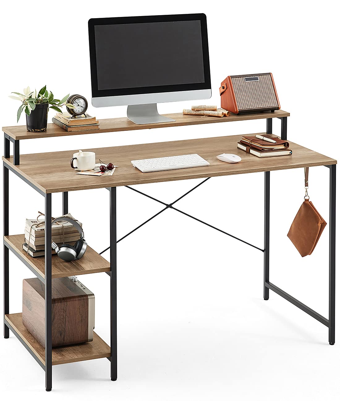 LINSY HOME 47 Inch Computer Desk, Writing Laptop Table for Work Study Gaming with Storage Shelf, LS209V1&2 (Wood, with Monitor Stand)