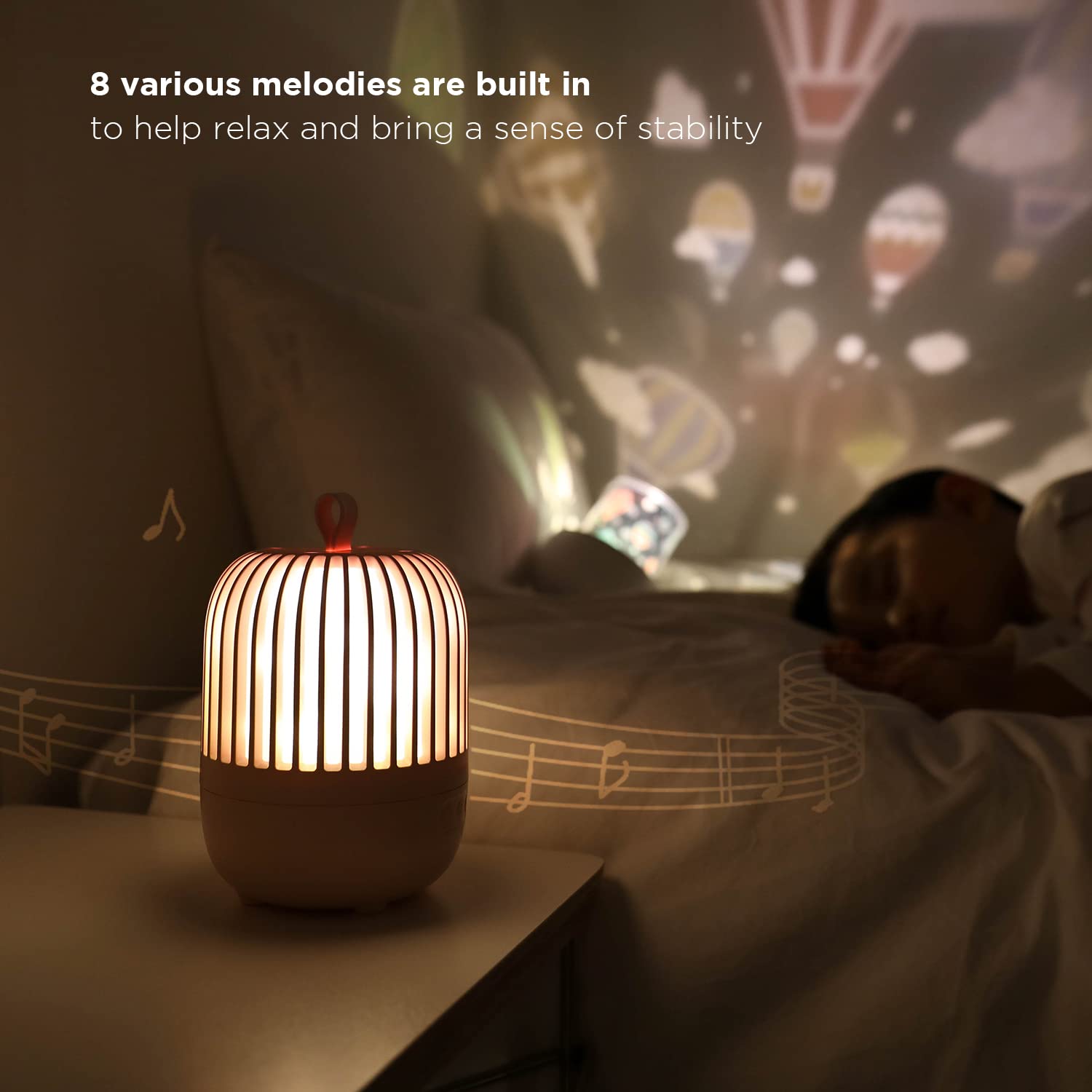 mooas Wonderland Rotating Projector Melody Nightlight (White), 360° Rotating Nightlight, Nightlight for Kids Baby Room, 4 Lighting Modes and 8 Melodies, 9 Theme Films, 1200mAh Rechargeable Battery