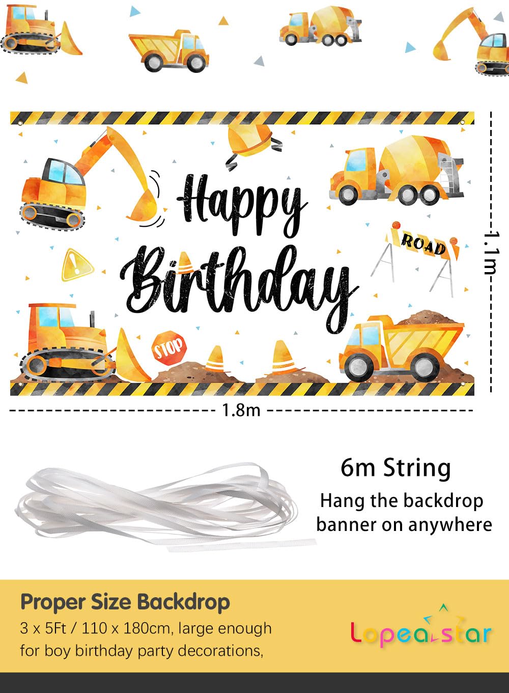 Lopeastar Construction Backdrop Banner Birthday Party Supplies, Large Size 3 x 5Ft Construction Party Decorations for Boys Yellow