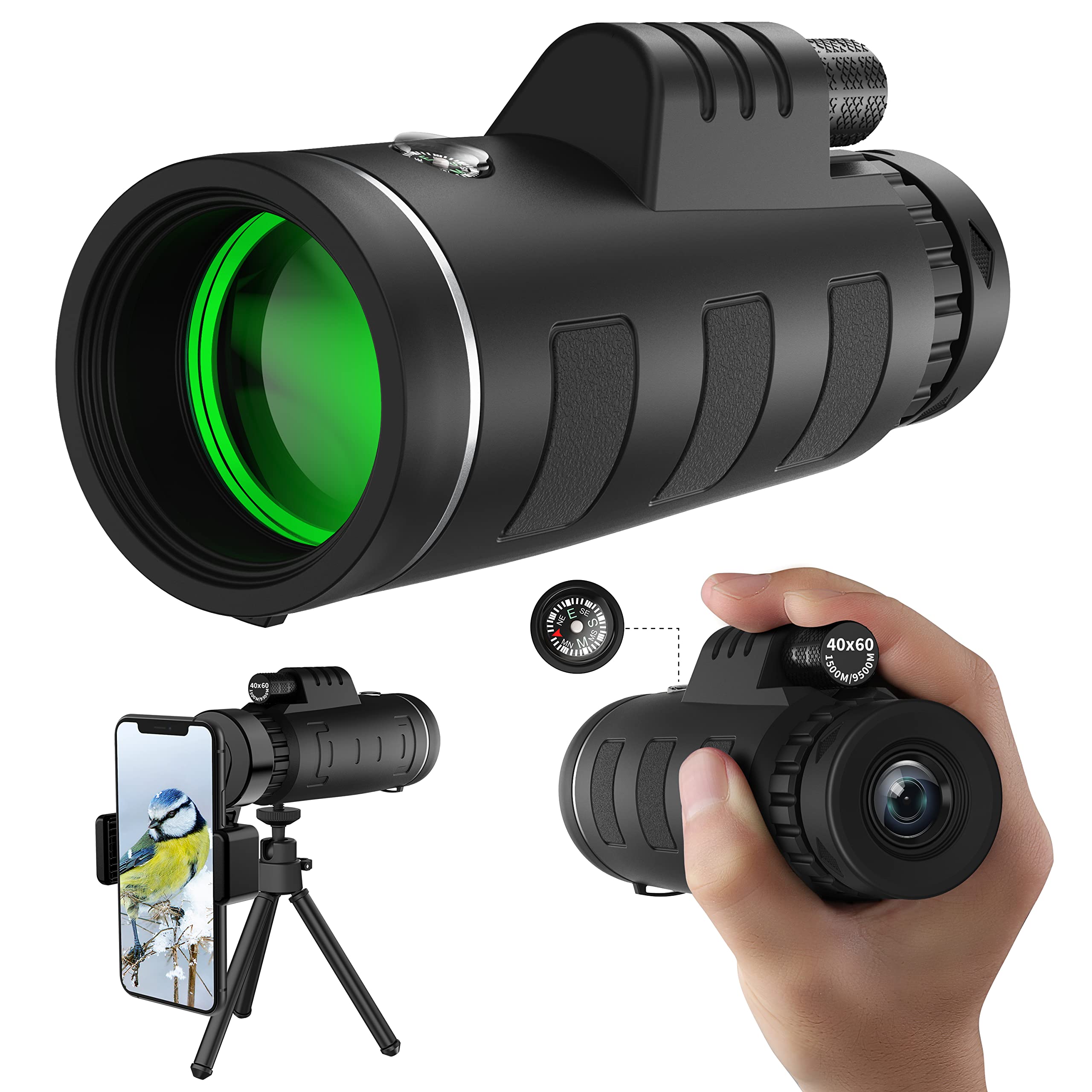 JiaSifu 40x60 High Definition Monocular Telescope with Smartphone Adapter, BAK4 Prism FMC Monocular with Clear Low Light Vision for Wildlife Hunting Camping Travelling(LD006-00A-30)