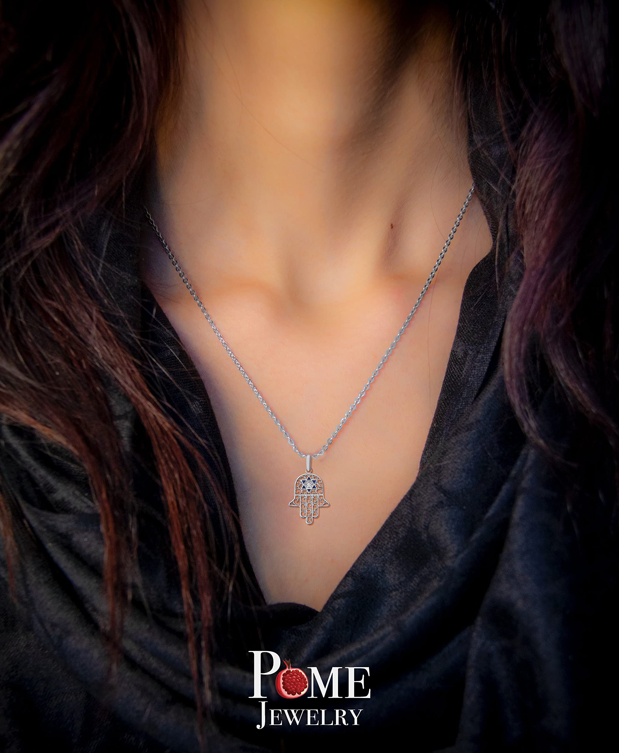 Pome Hamsa Hand Pendant Necklace with CZ Stone in Sterling Silver, Cubic Zirconia Necklace, Blue Enamel, Made in America (Pendant Only)