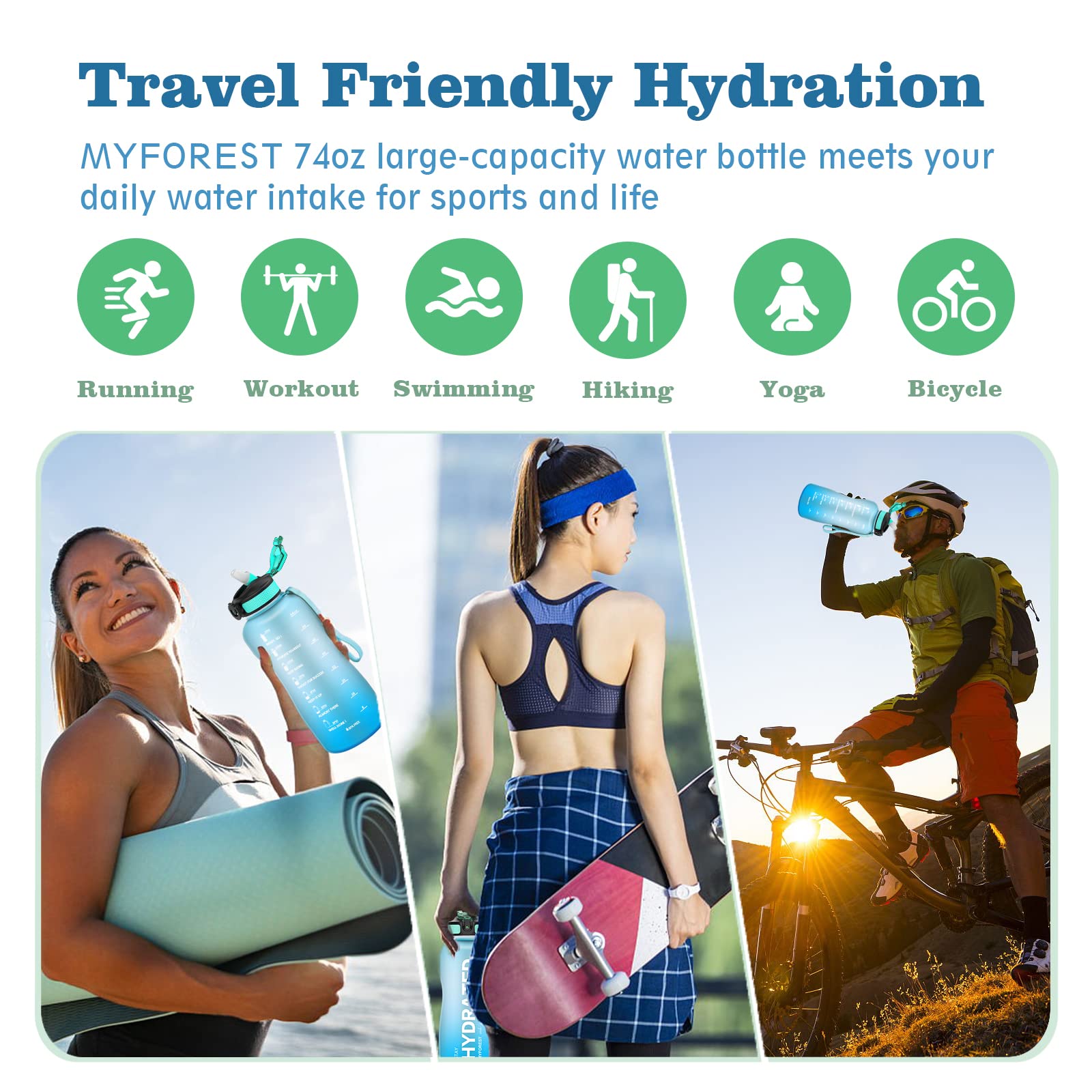 MYFOREST 64oz Water Bottle, Time Marker for Motivational Hydration, Drop-proof, BPA-free, Nozzle/Straw/Carry-Strap/Wide-Mouth for Easy Clean - 1900mL Large Sports Jug