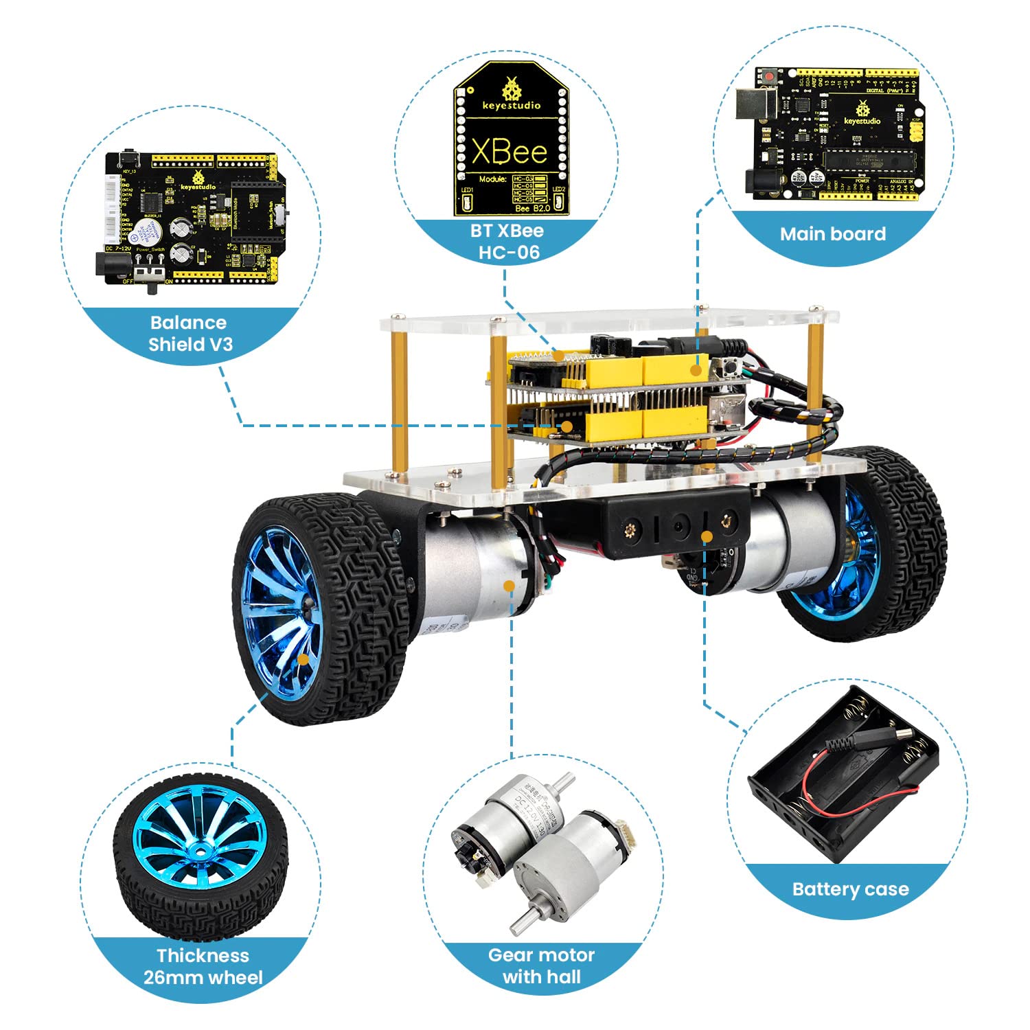 KEYESTUDIO Self-Balancing Robot Car Kit for Arduino DIY Project, Wireless Bluetooth Control, Strong DC Motors, Robotics and Electronics STEM Smart Car Kit for Adults to Build