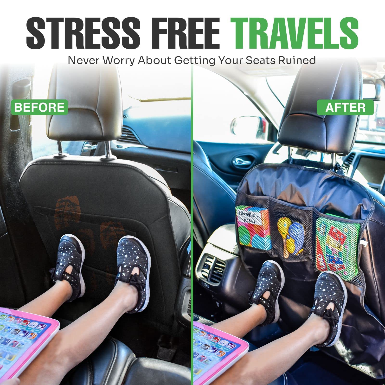 lebogner Back Seat Cover for Kids + 3 Pocket Storage Organizer, 2 Pack X-Large Waterproof Kick Mats Backseat Protector, Car Seat Back Protectors for Vehicles to Protect from Dirt, Mud & Scratches